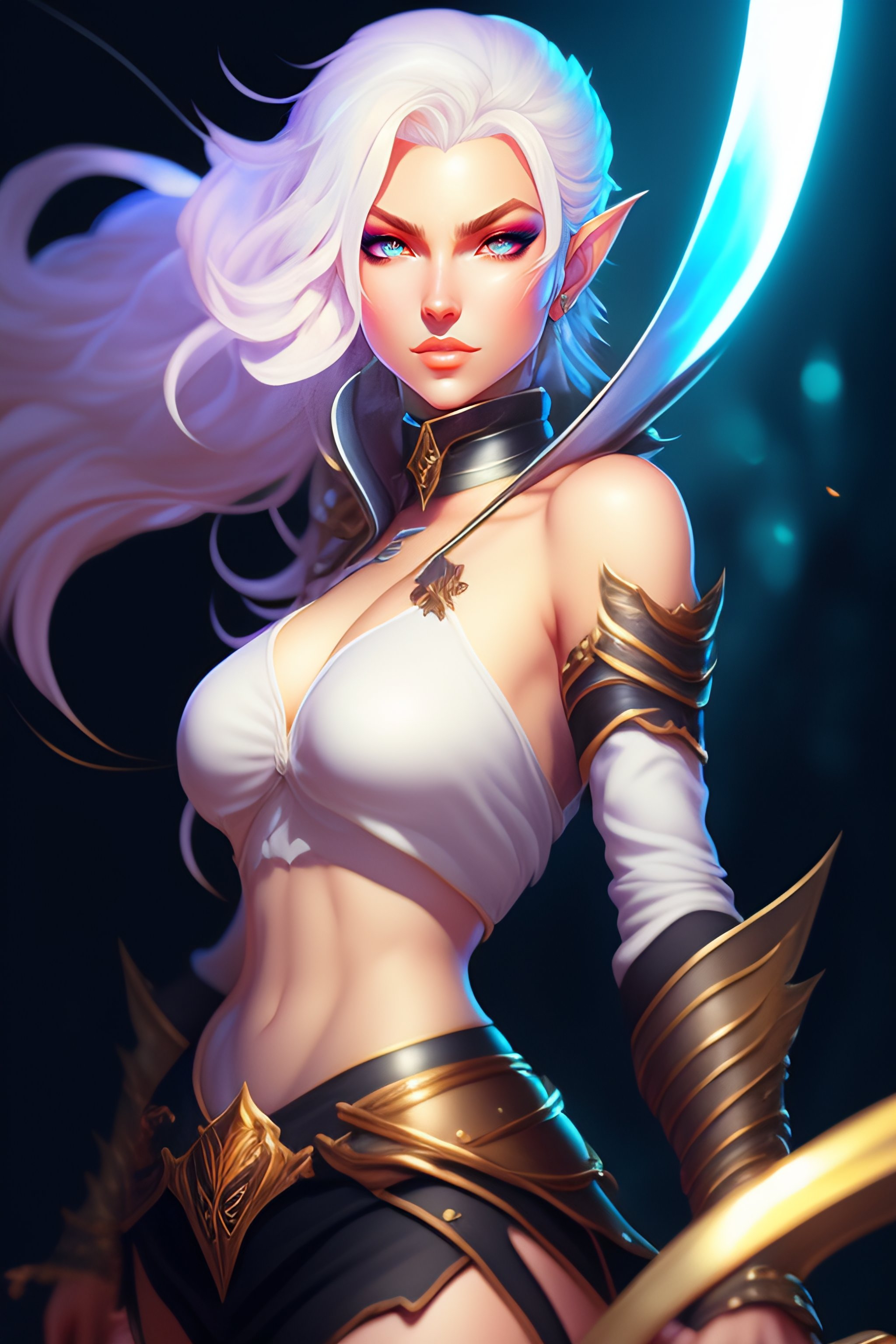 Lexica - Full body, from above, rogue male elf, dual daggers, white hair, glowing eyes, marilyn ...