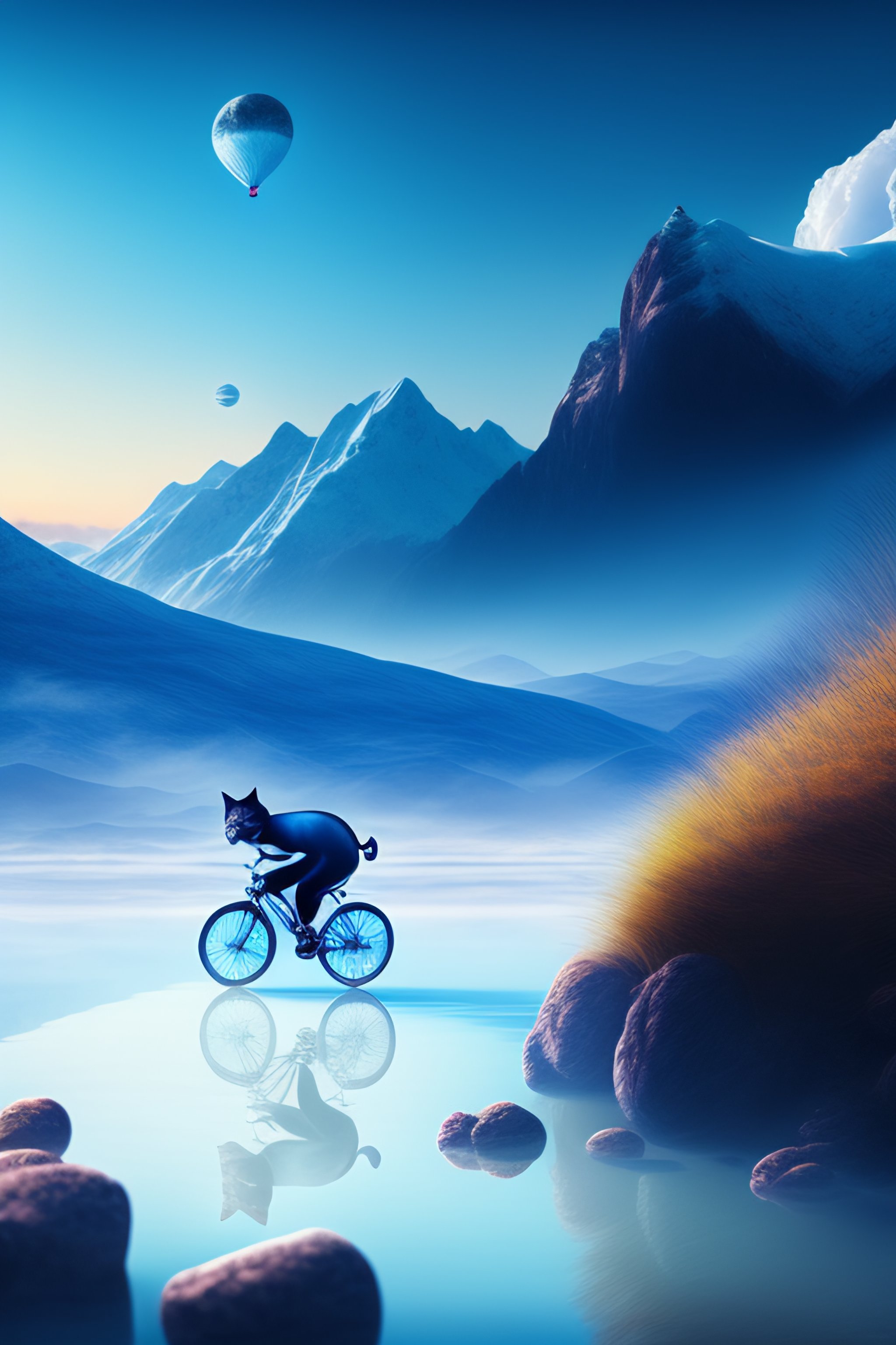 Lexica - A cat below a shine river between snowing mountain and a blue ...