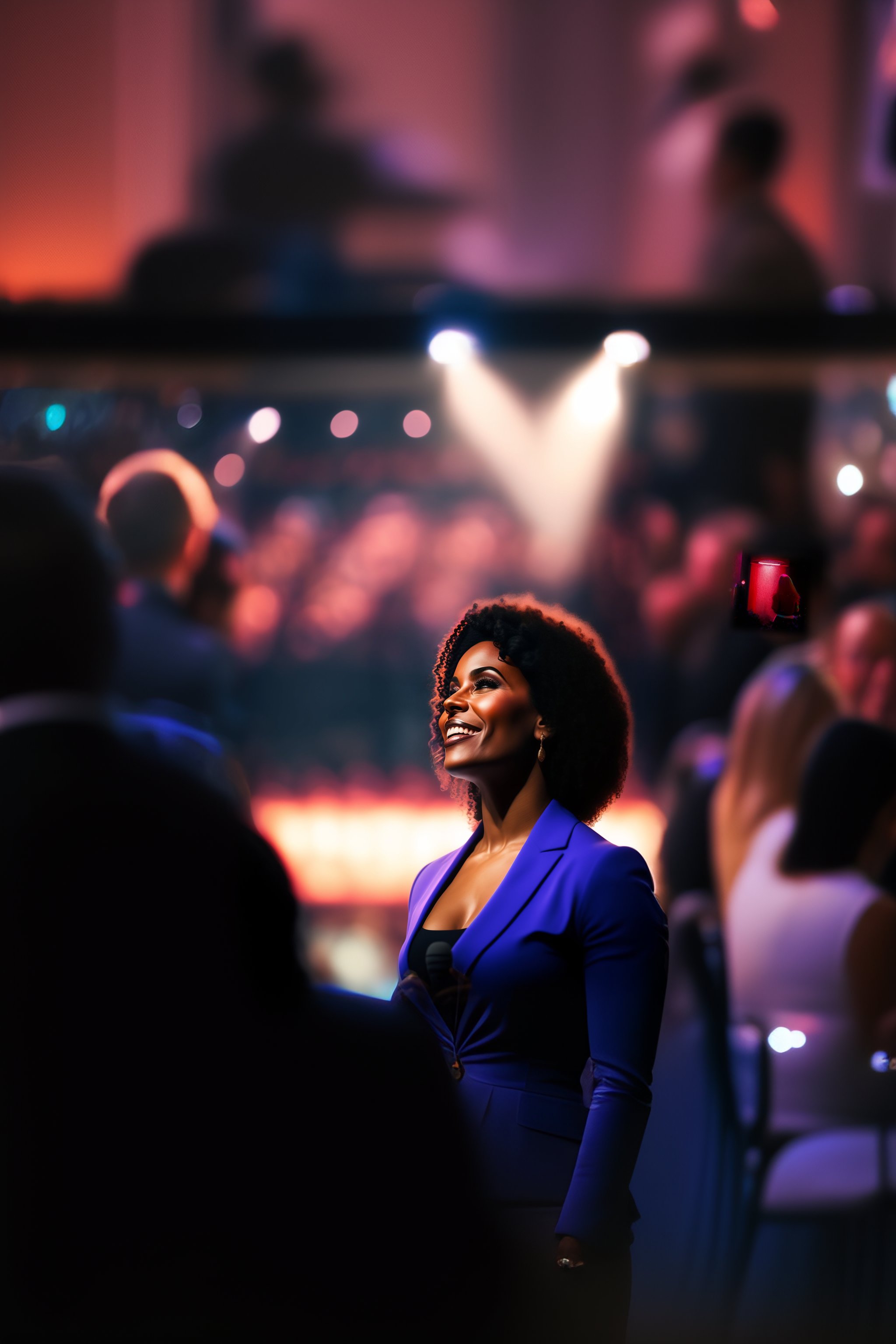 Lexica - A woman addressing an audience, heavy lighting and hyper real