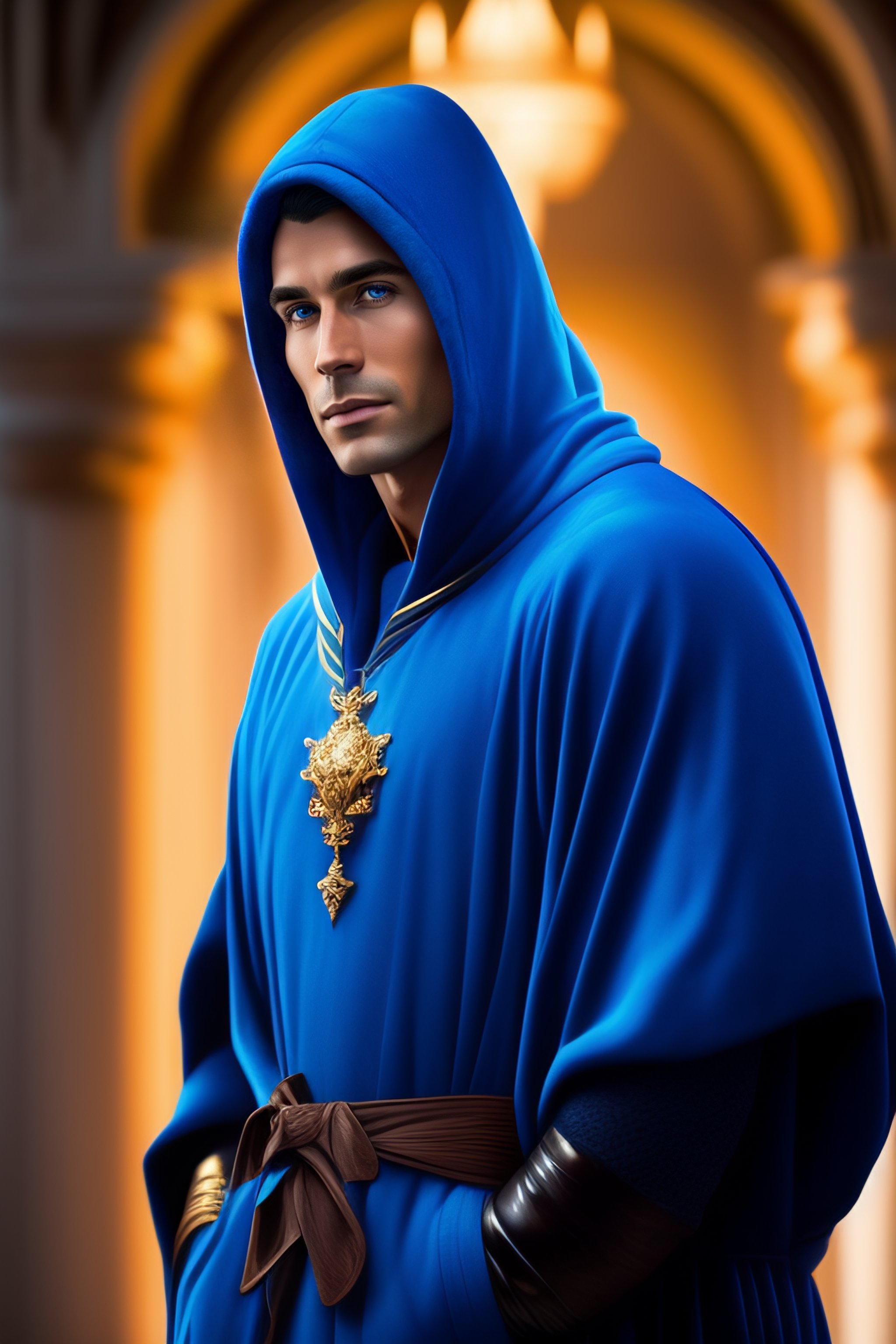 Lexica - 32 age old beardless male wizard with blue robe and hoodie ...