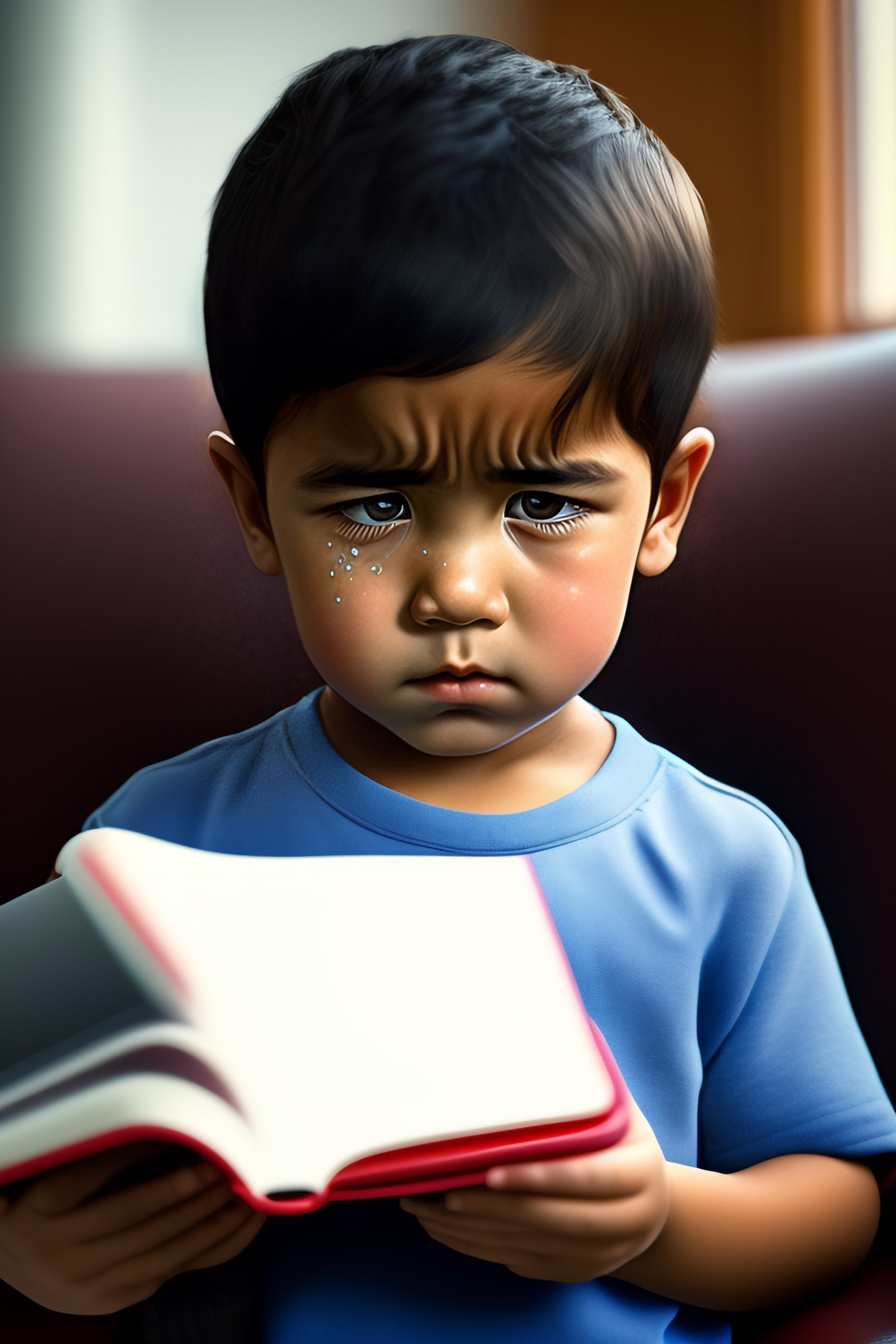 Lexica - A child holding a notebook with tears in his eyes