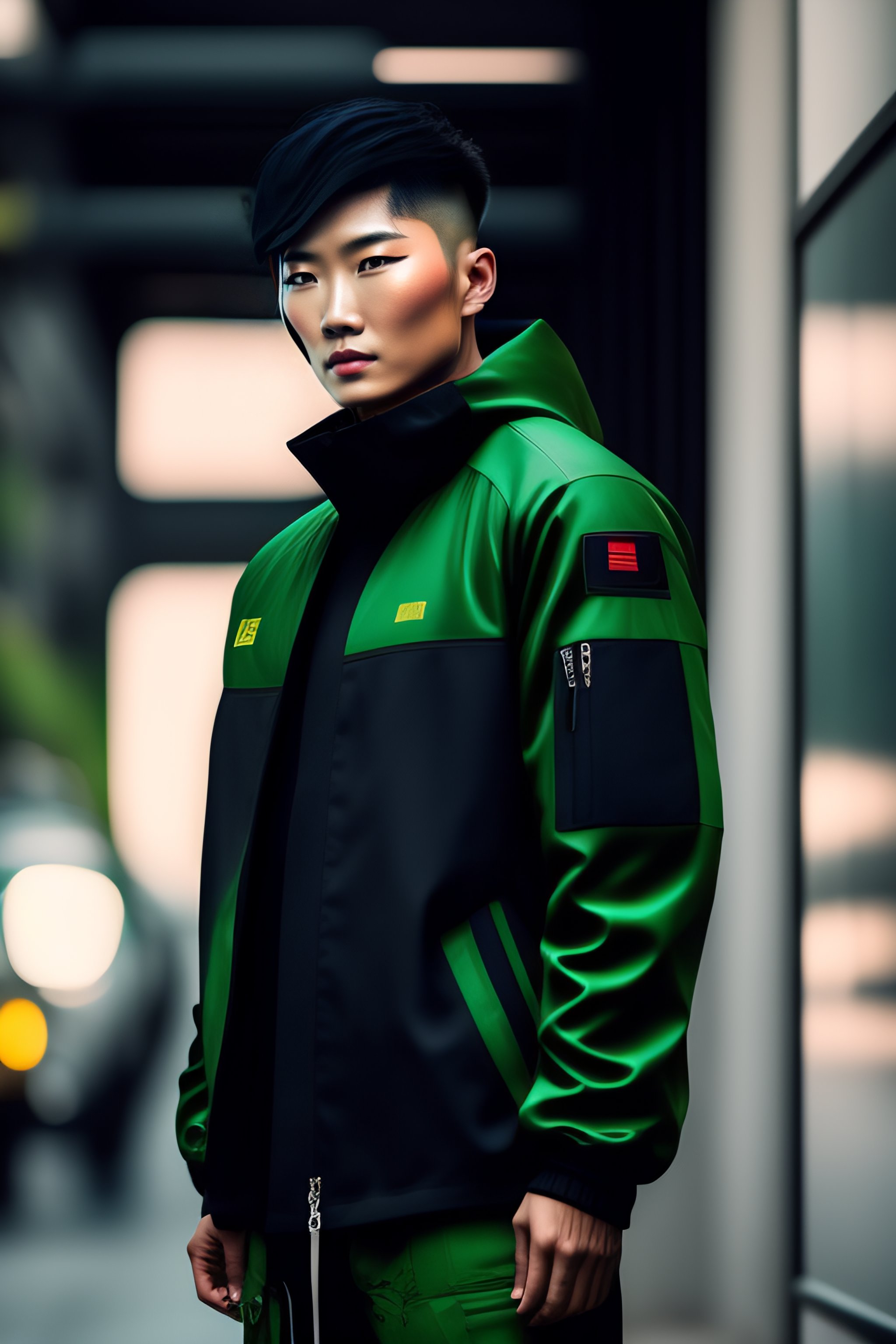 Lexica - An Asian inspired techwear model in black and green outfit