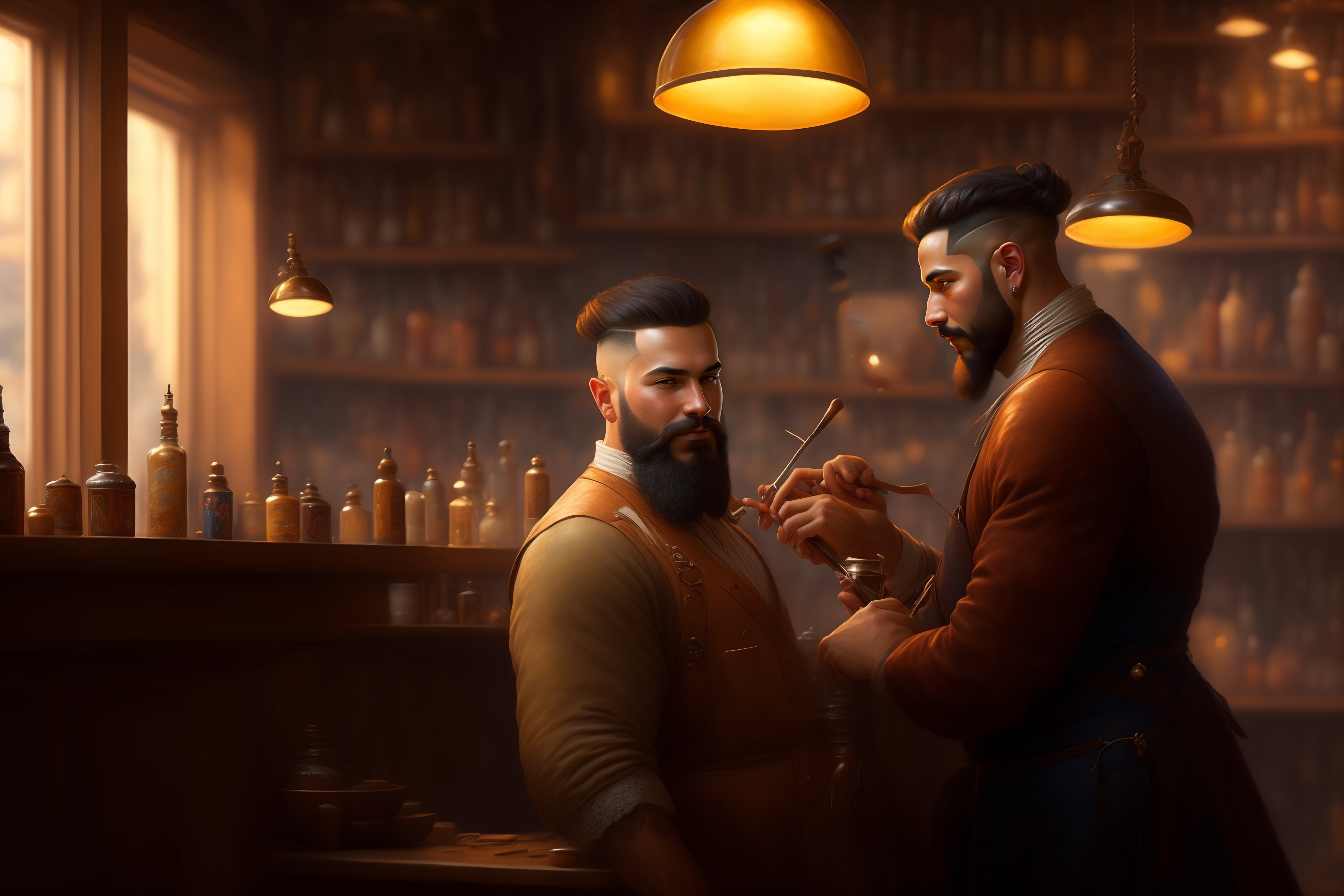 Lexica - A customer and a barber in a barber shop illustrator, by ...