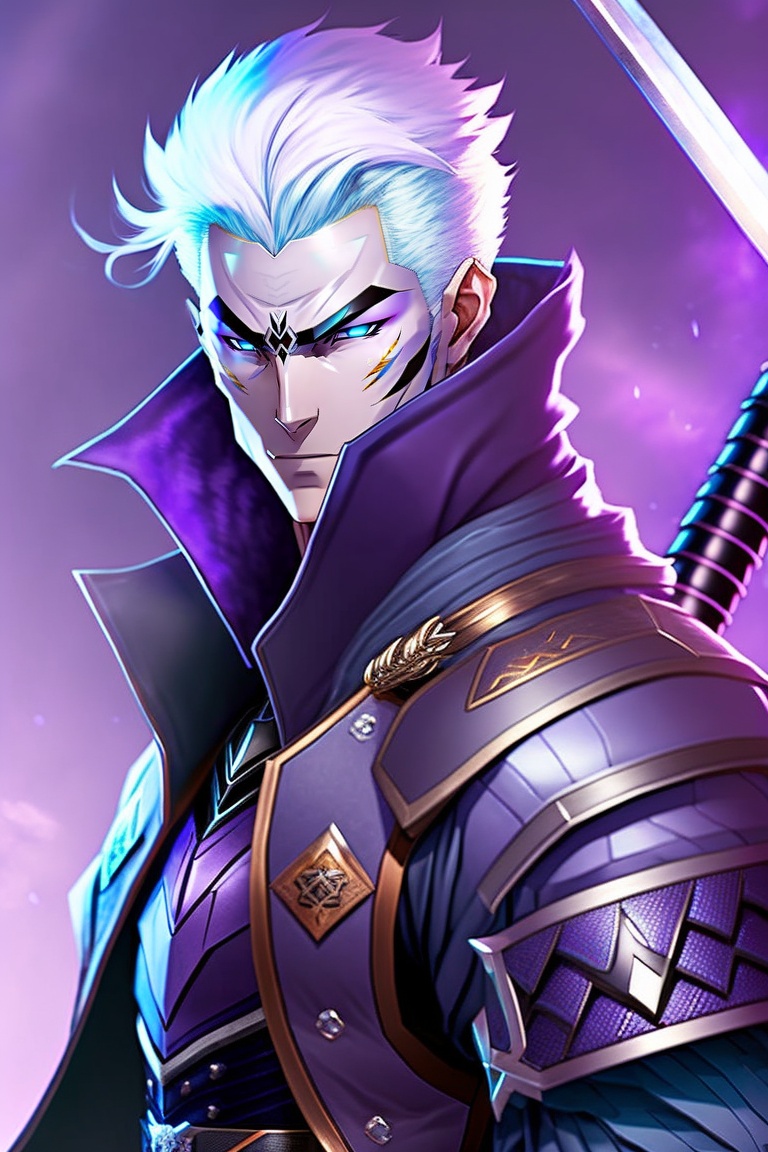 Lexica - A white-haired swordsman with bright blue eyes, wearing a ...