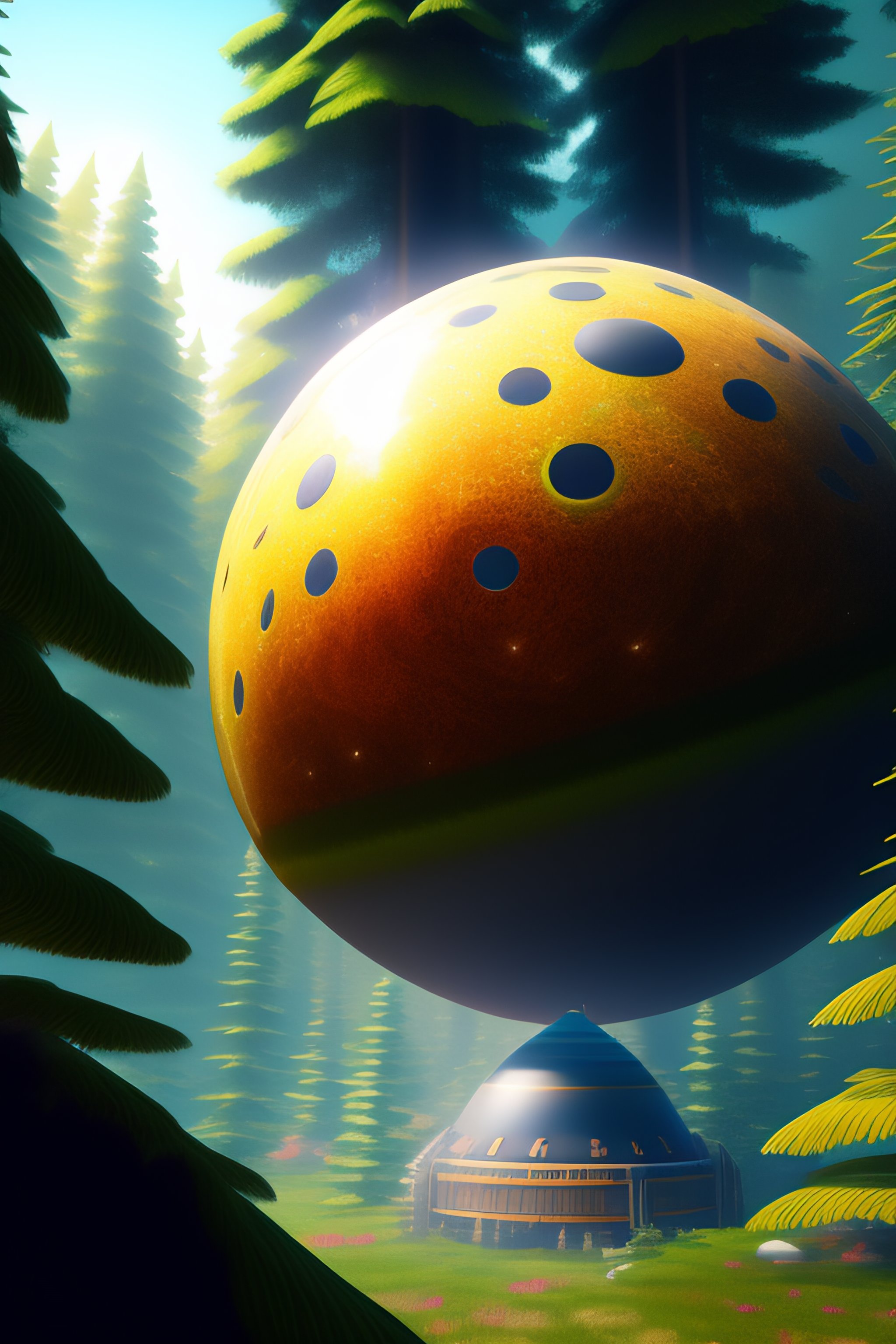 Lexica - Spherical space ship clash in a forest, realistic art style