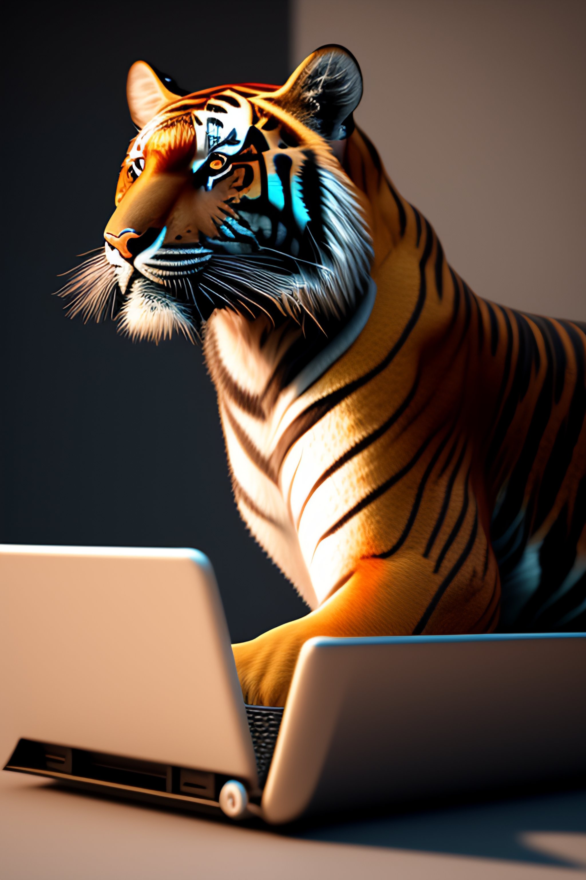Lexica - Tiger using laptop, 3d render