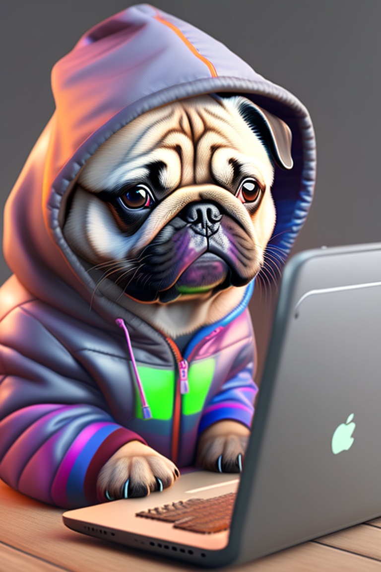 Lexica - A pug gamer in a hoodie, sitting by a trading computer ...