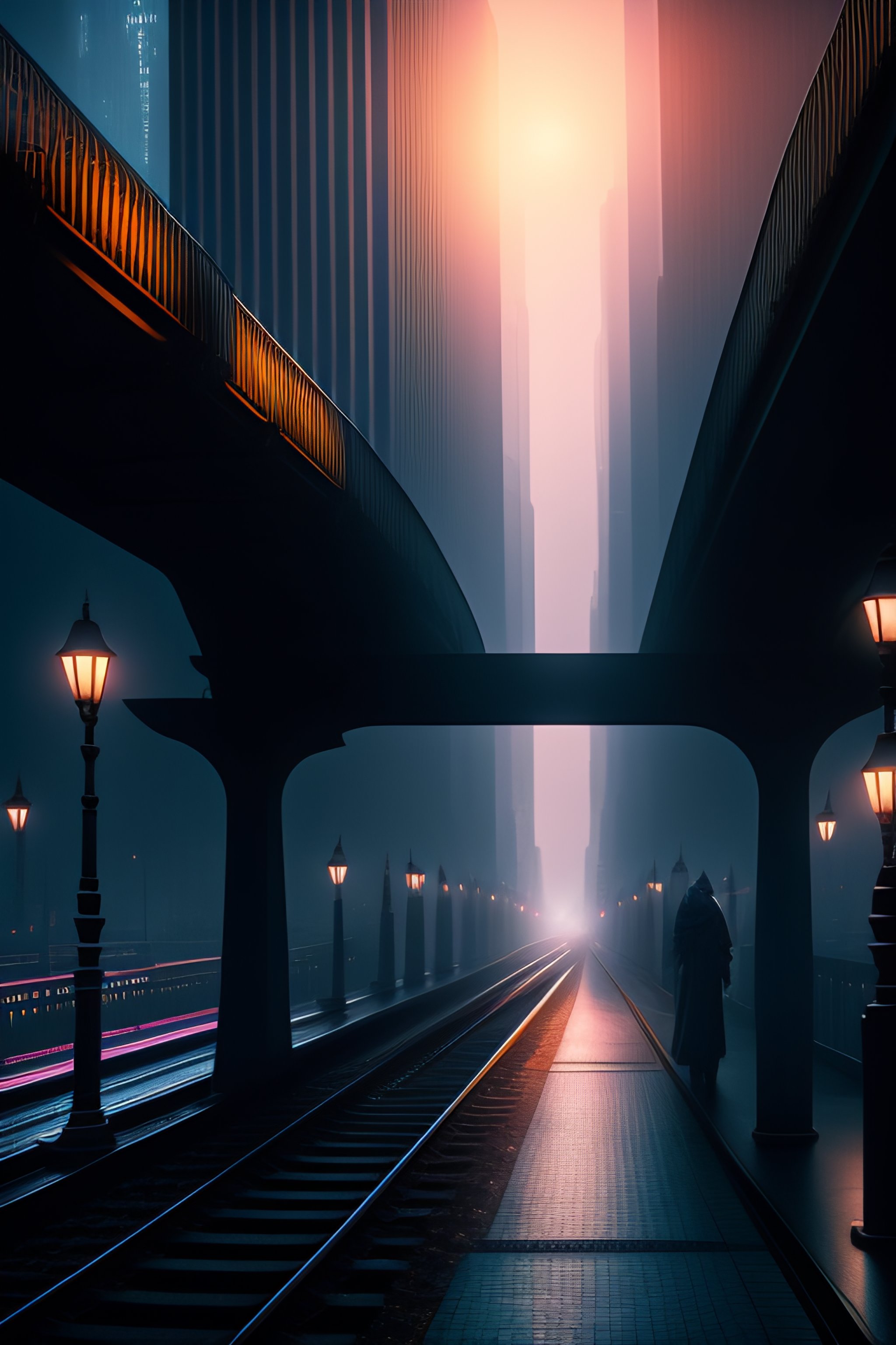 Lexica - A gloomy, rainswept modern Neogothic city, elevated subway ...