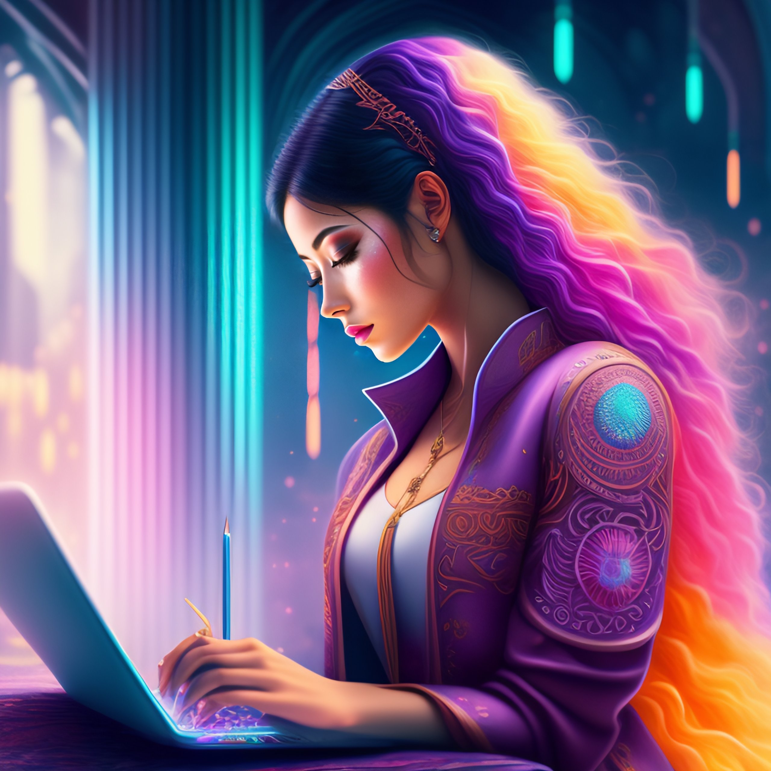Lexica - Woman programming on her laptop, fantasy, future, pastel ...