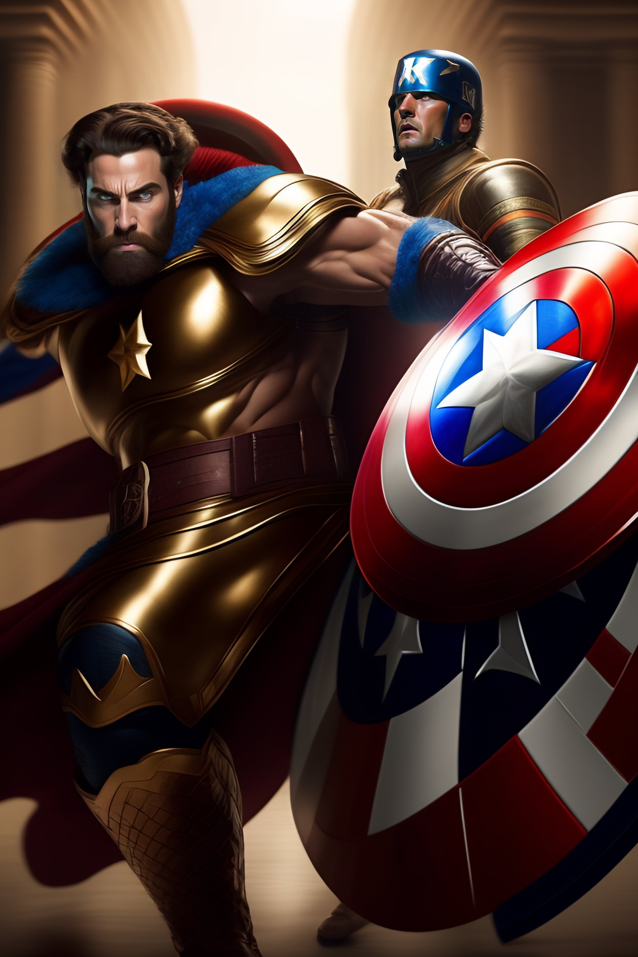 Lexica - King David beating Goliath while wearing a captain America costume