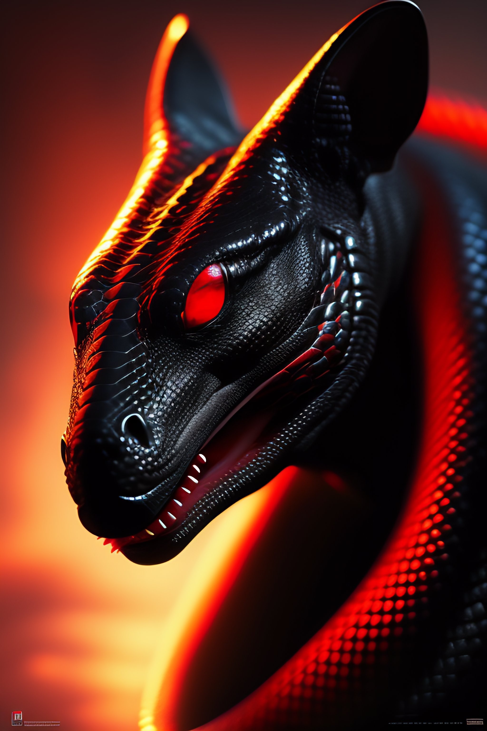 Lexica - Black colored snake!, toothy mouth, red snake eyes, coiled ...