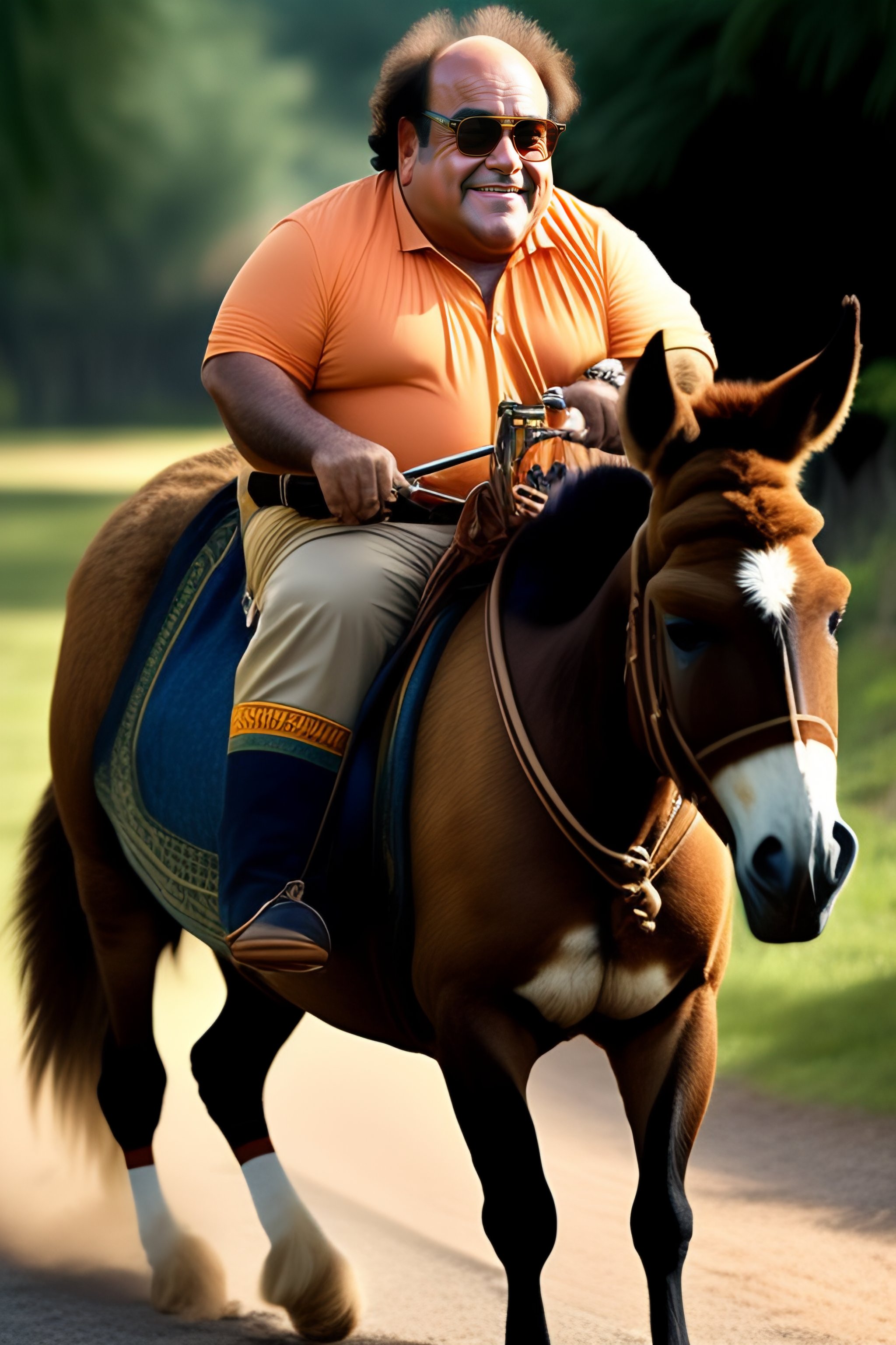 Lexica - Danny devito riding a donkey eat a big ham with pineapple on it