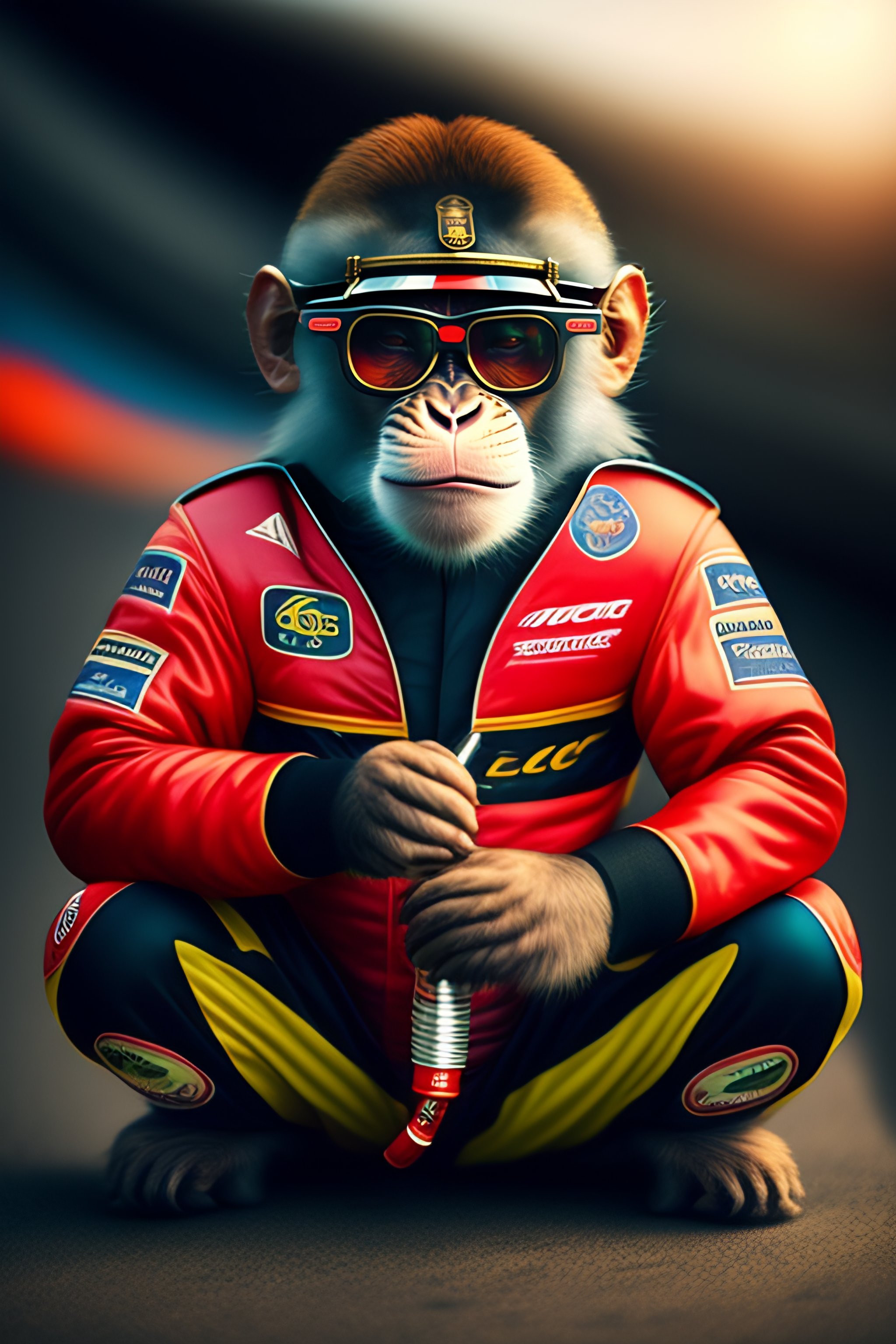 Lexica - Wise monkey smoking a pipe with racing motorsport suit with ...