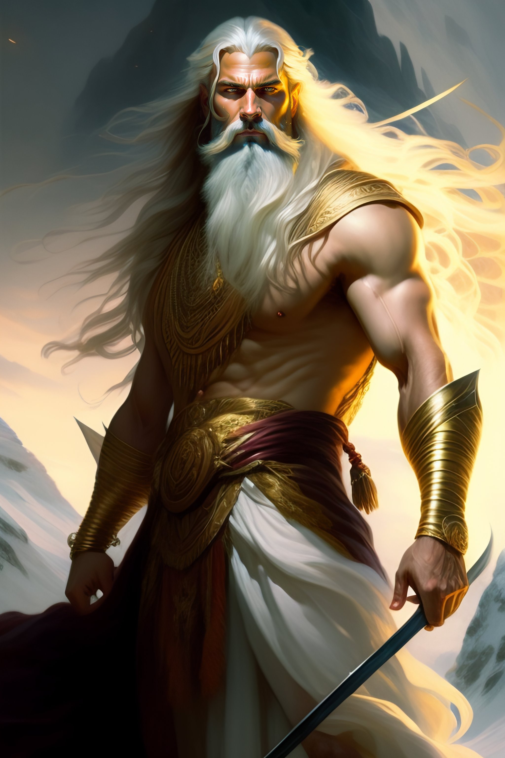 Lexica - Long flowing White hair and beard rugged Zeus standing atop a ...