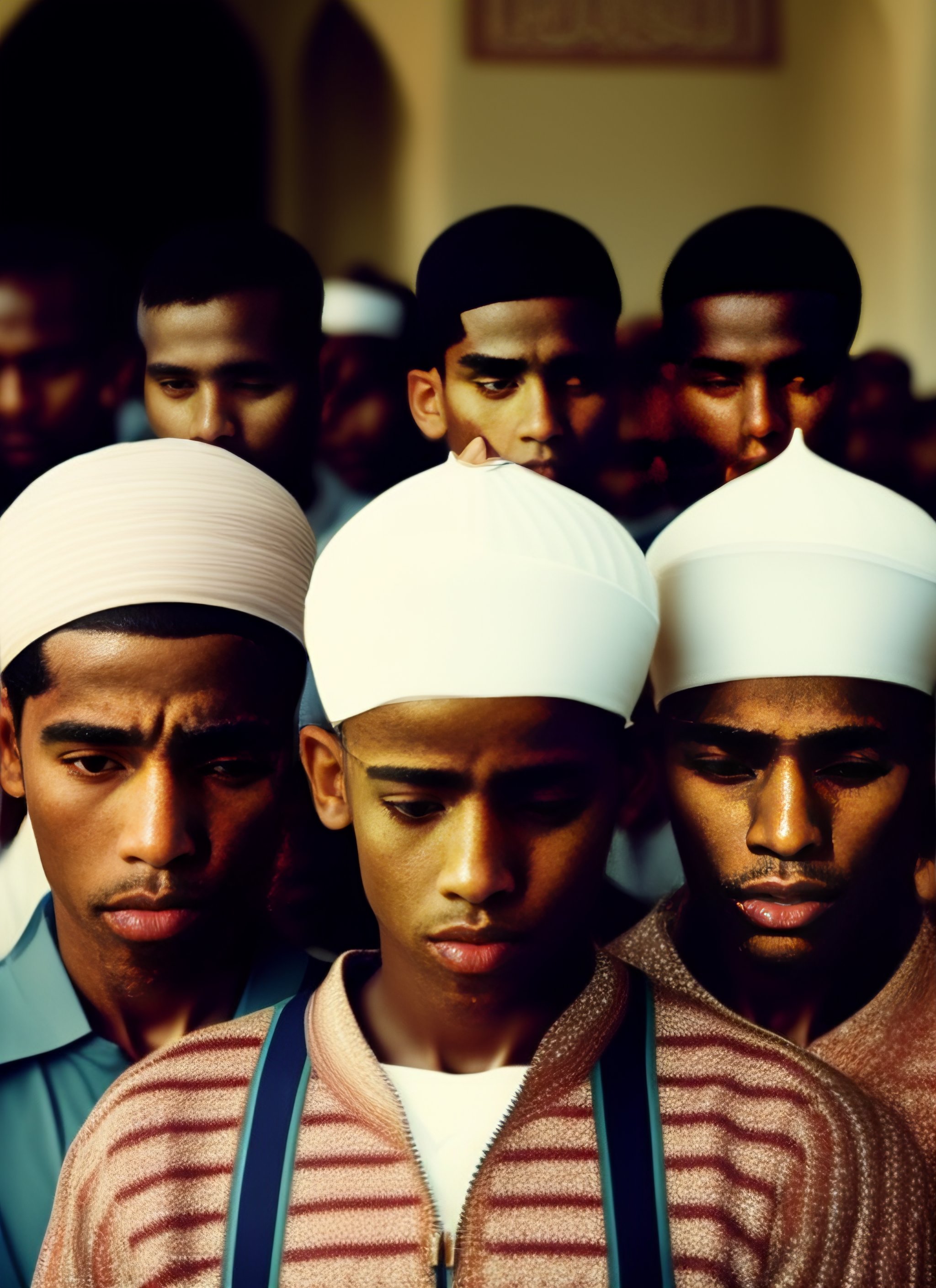 Lexica - Muslim young men with short hair in mosque poor looking unhappy