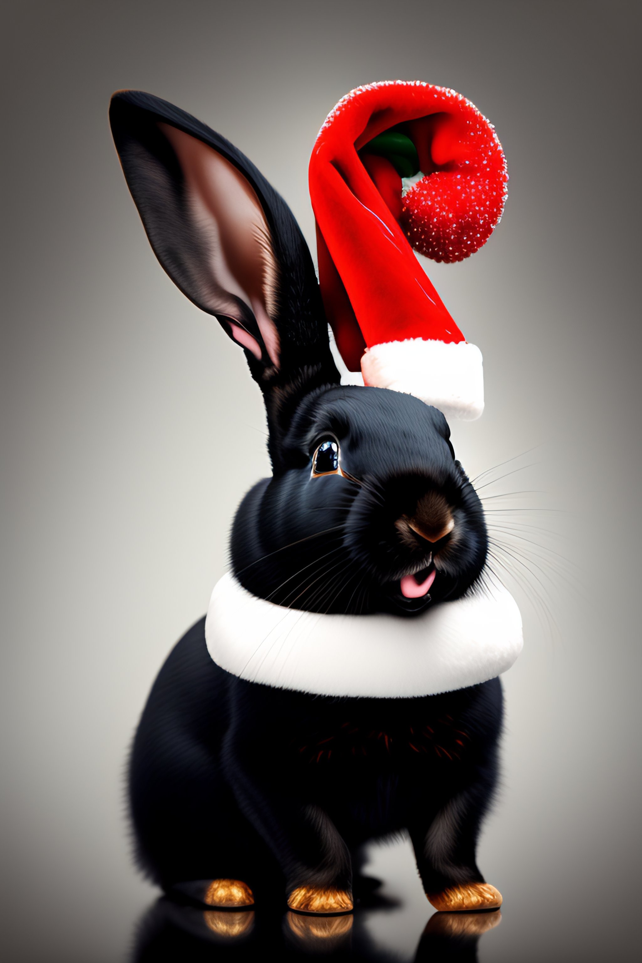 Lexica - Christmas, a black rabbit in a santa claus hat laughs