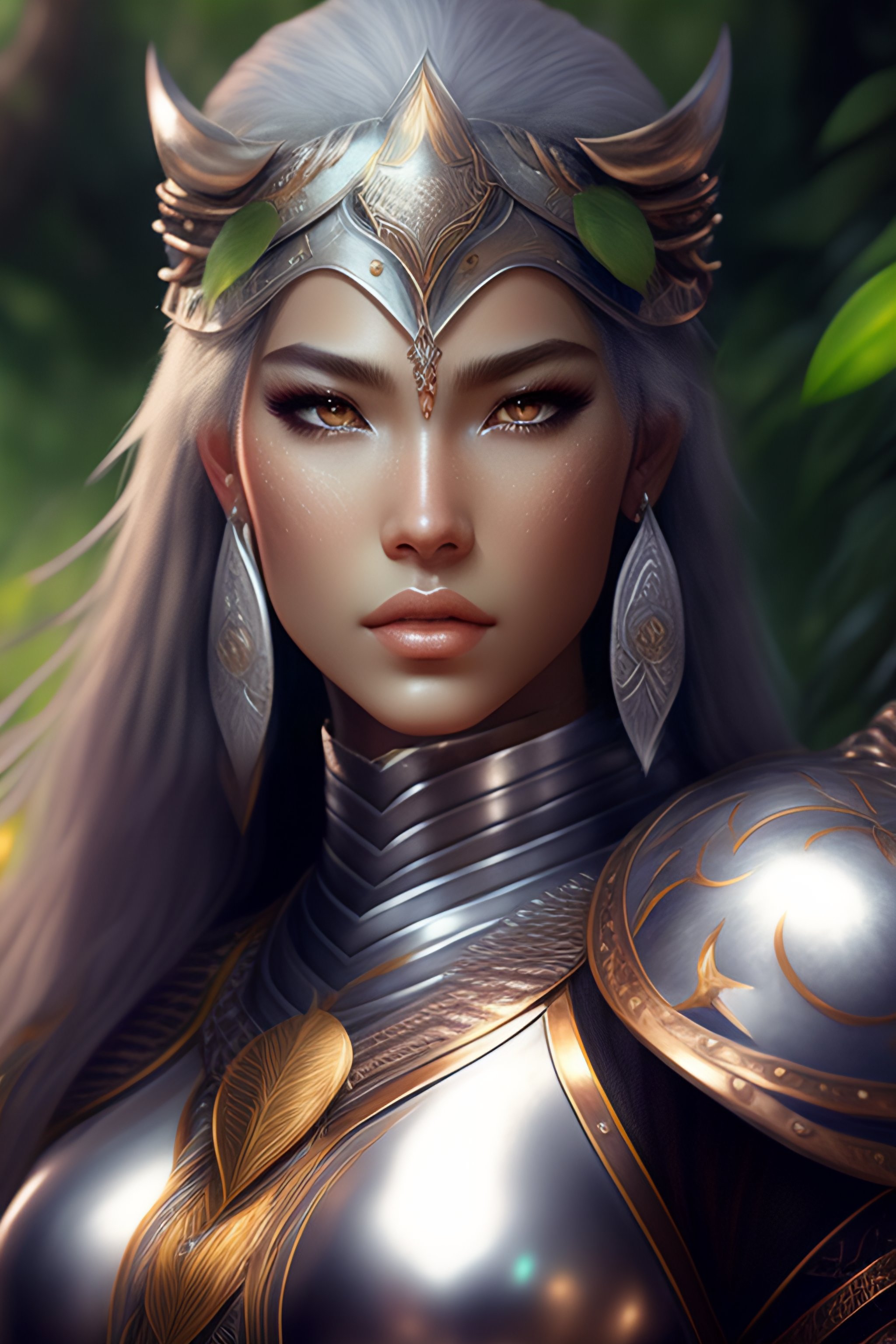 Lexica - Digital art of a warrior woman in a jungle wearing silver ...