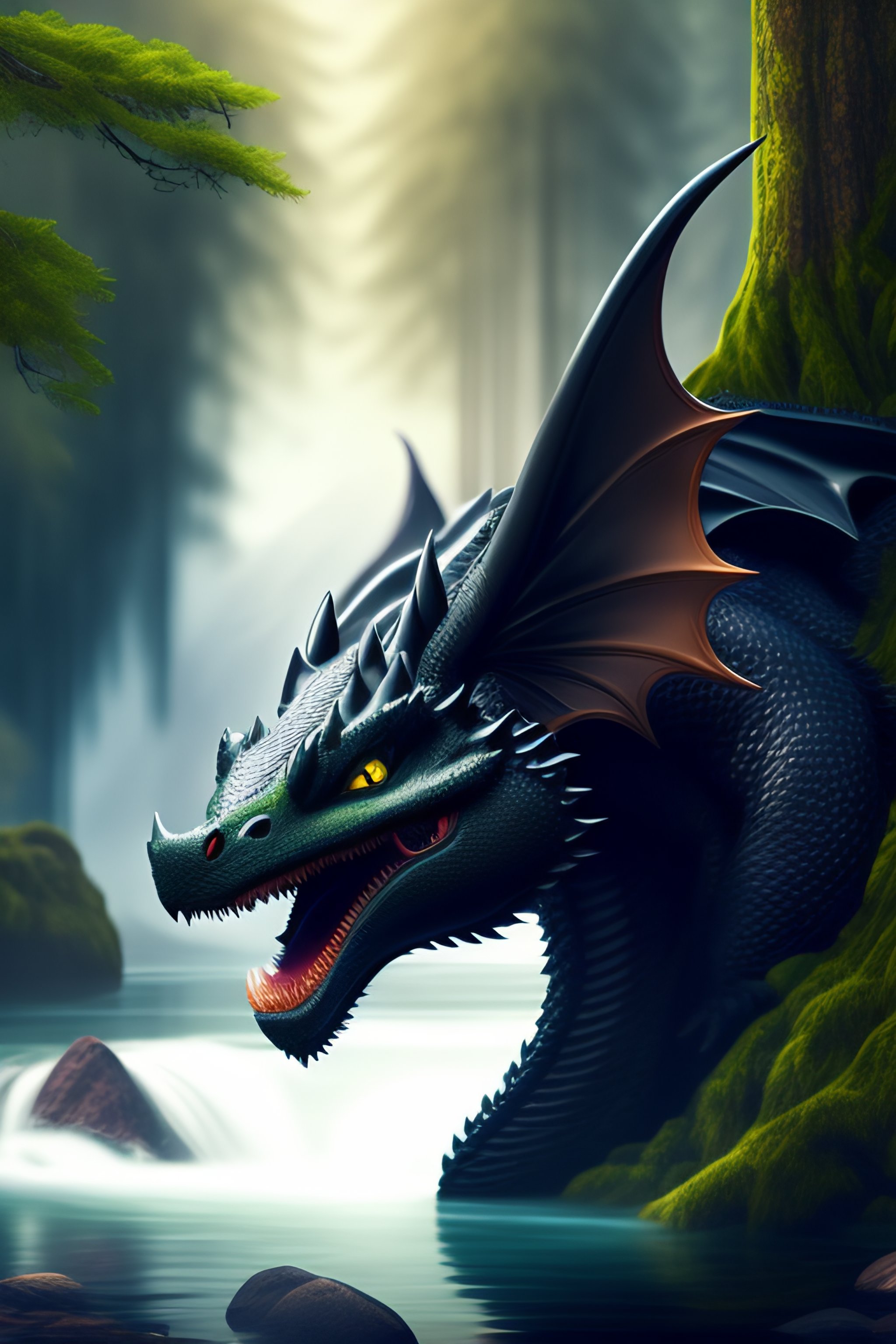 Lexica - Anthropomorphic dragon Toothless in a middle of forest with river