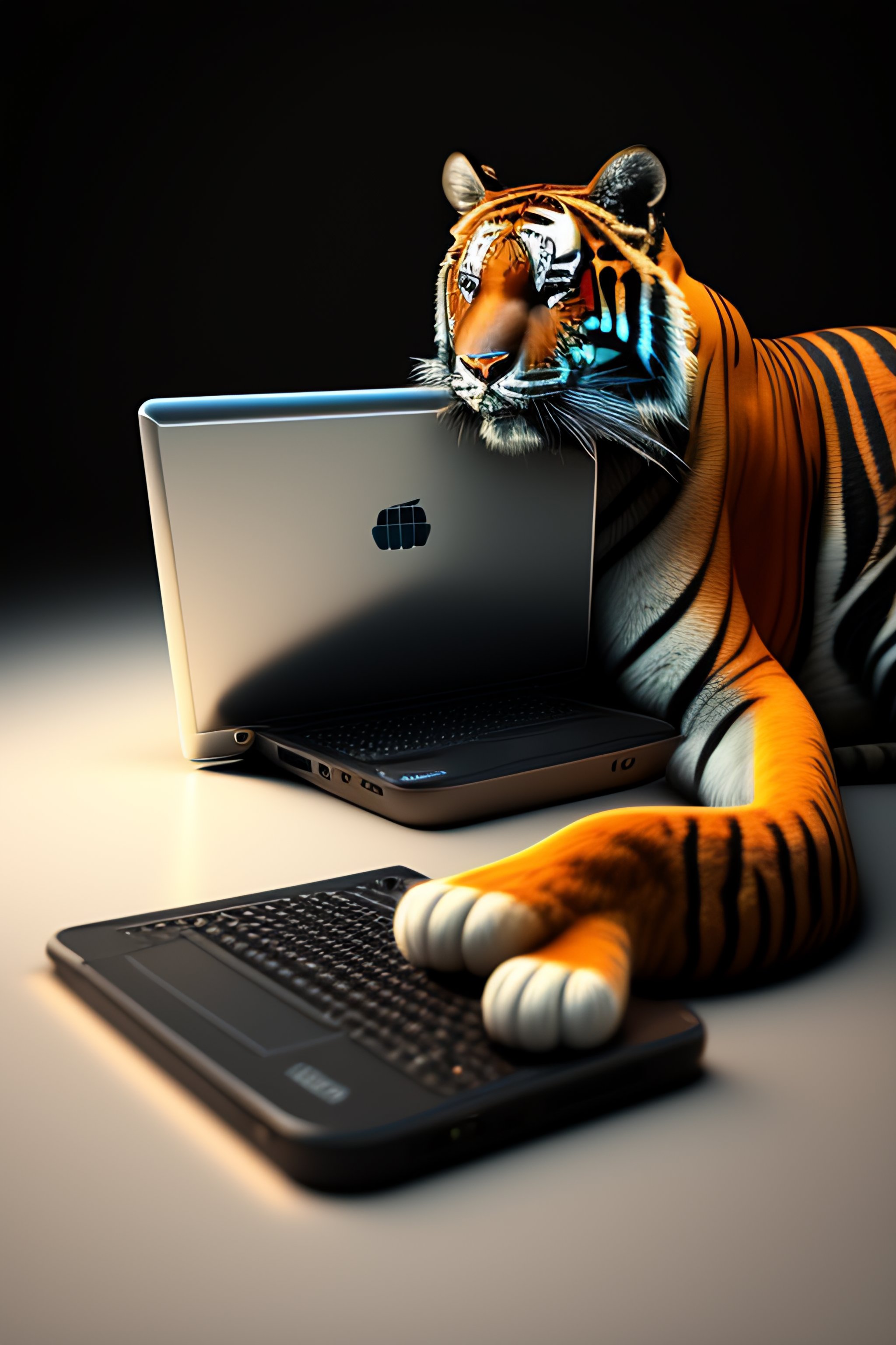 Lexica - Tiger using laptop, 3d render