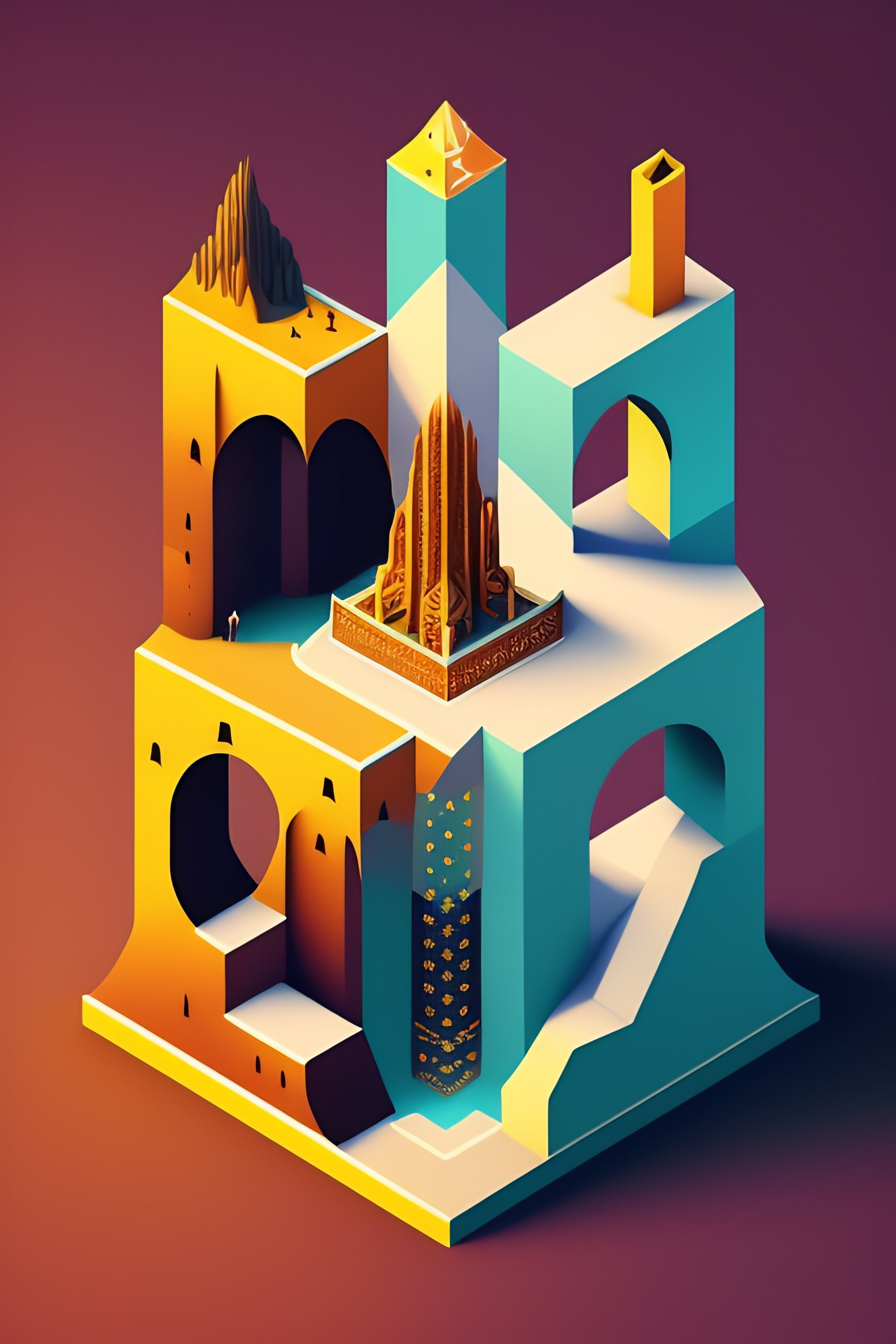 Lexica - Detailed isometric monument valley poster, day and night