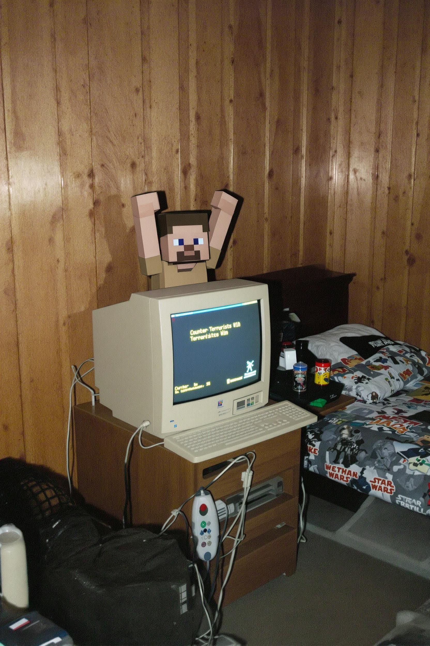 Lexica - Analog photo of blocky Steve from Minecraft playing Counter ...