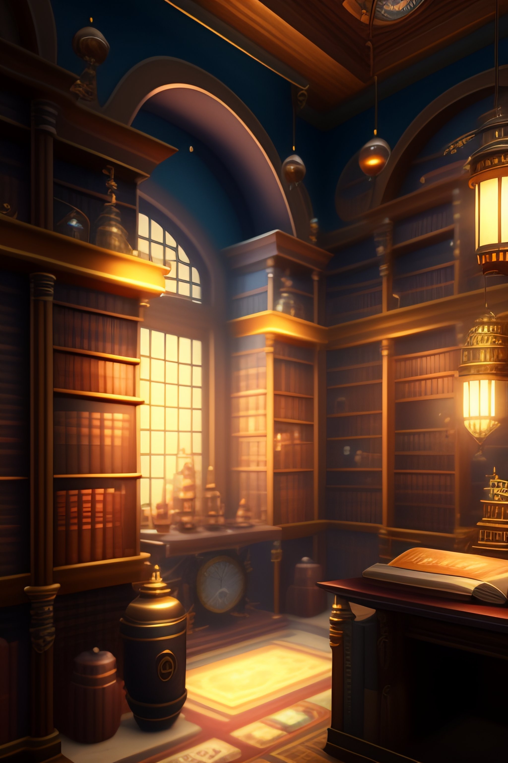 Lexica - Digital illustration of a steampunk library, Cluttered, full ...