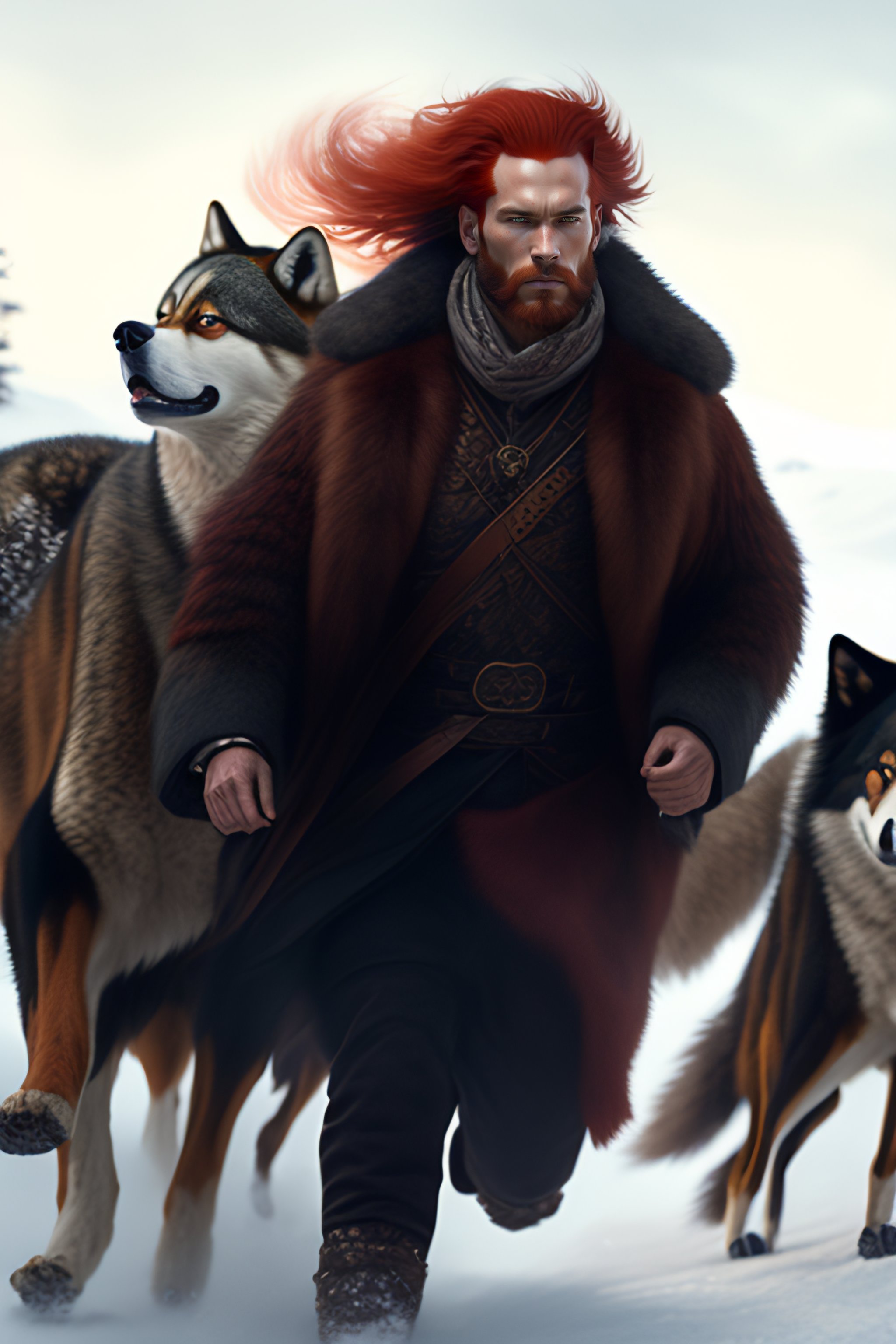 Lexica - Red haired man dressed in furs running with a pack of large ...