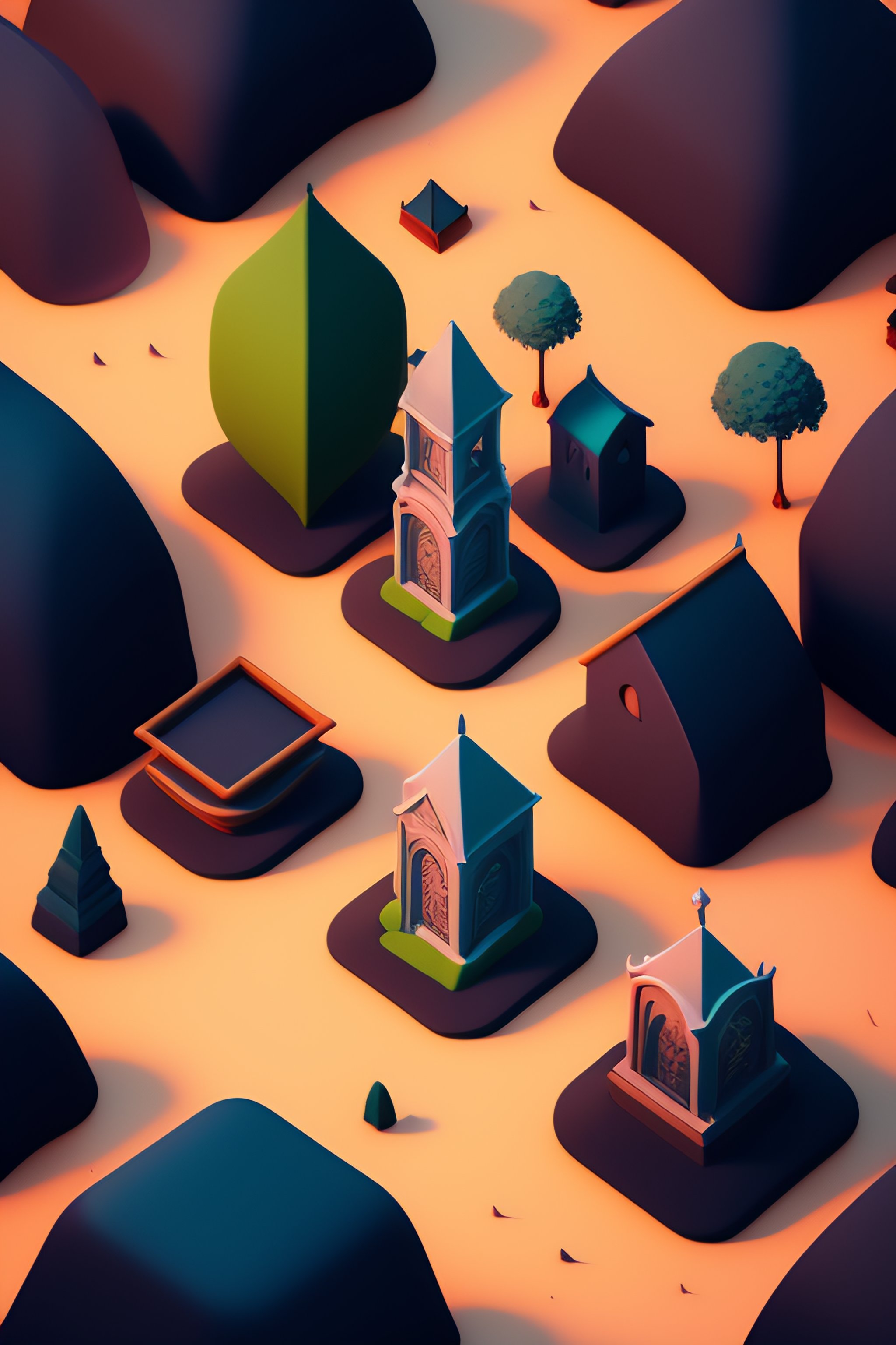 Lexica - Isometric render of a graveyard by a town, simple, solid ...