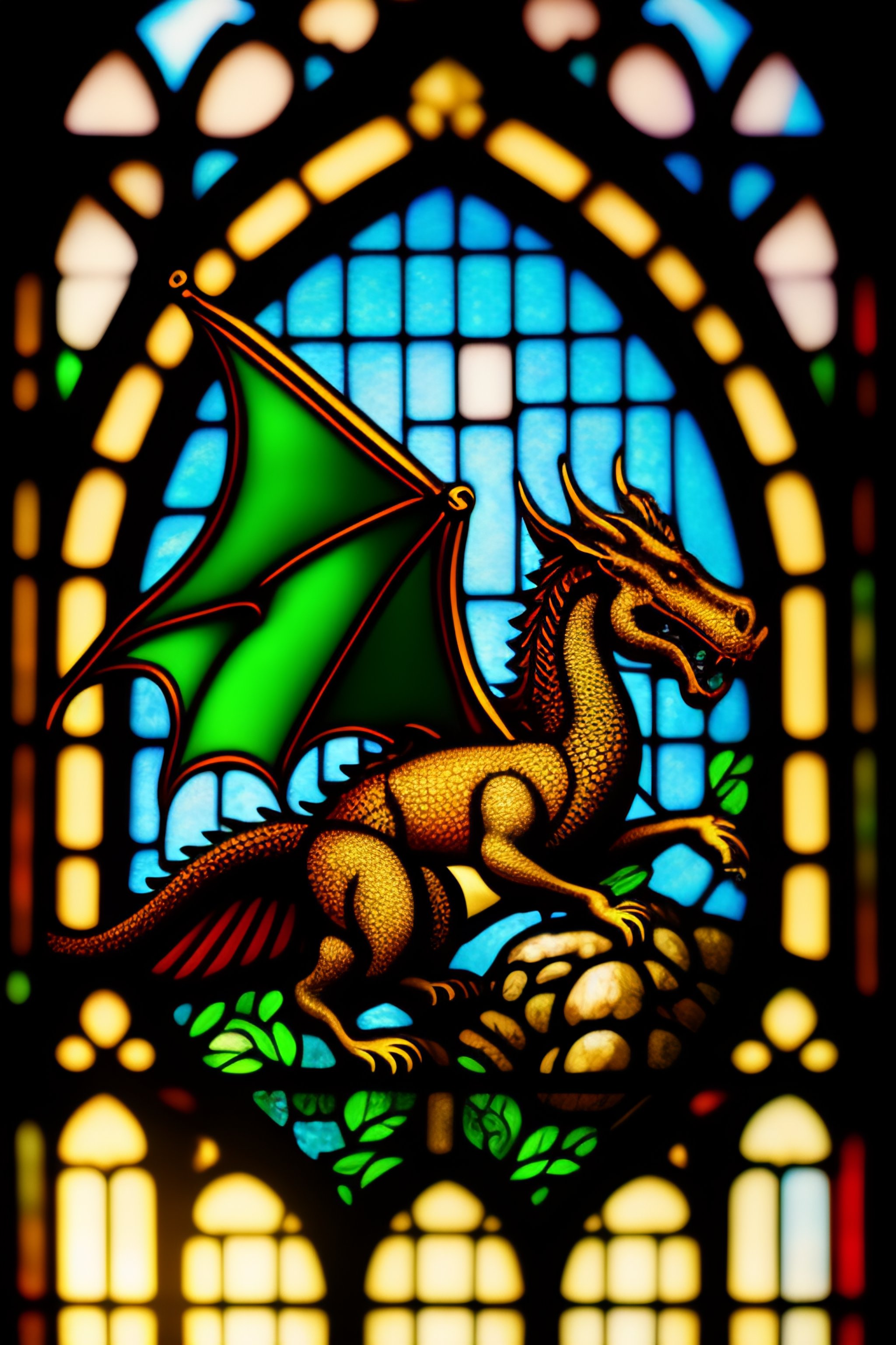 Lexica - A medieval dragon flying in a stained glass