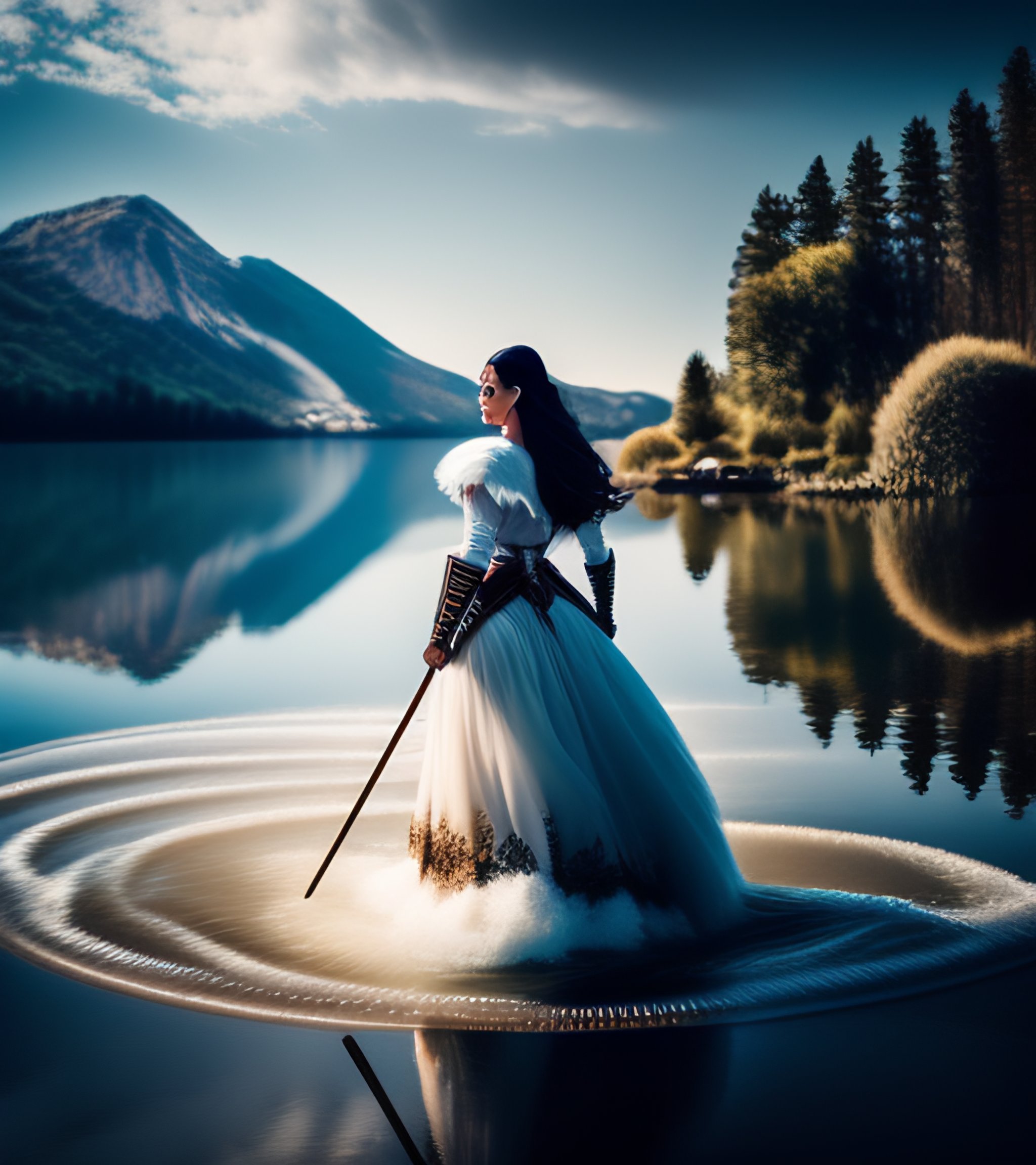 Lexica - Strong white knight fighting witch by the lake, imax quality ...