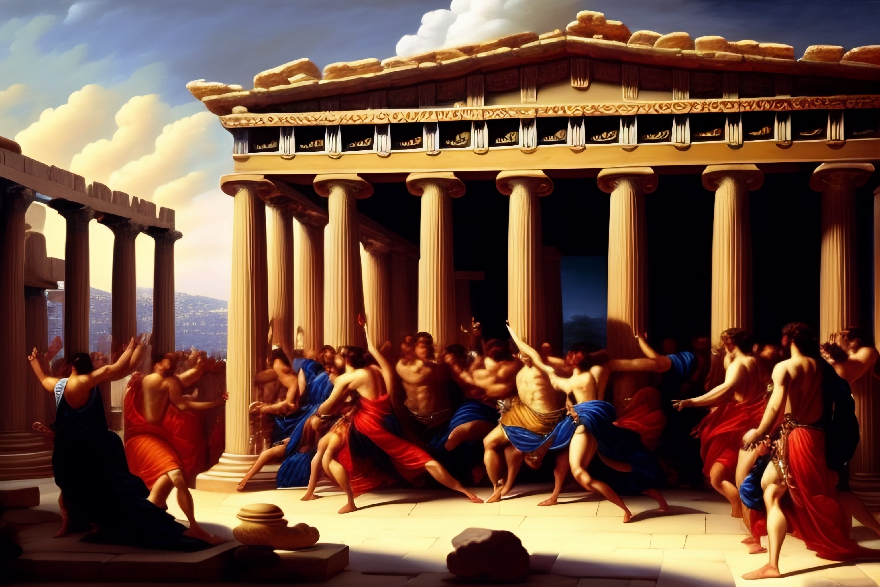 Lexica - Oil painting of The ancient Greek gods fought on the temple of ...