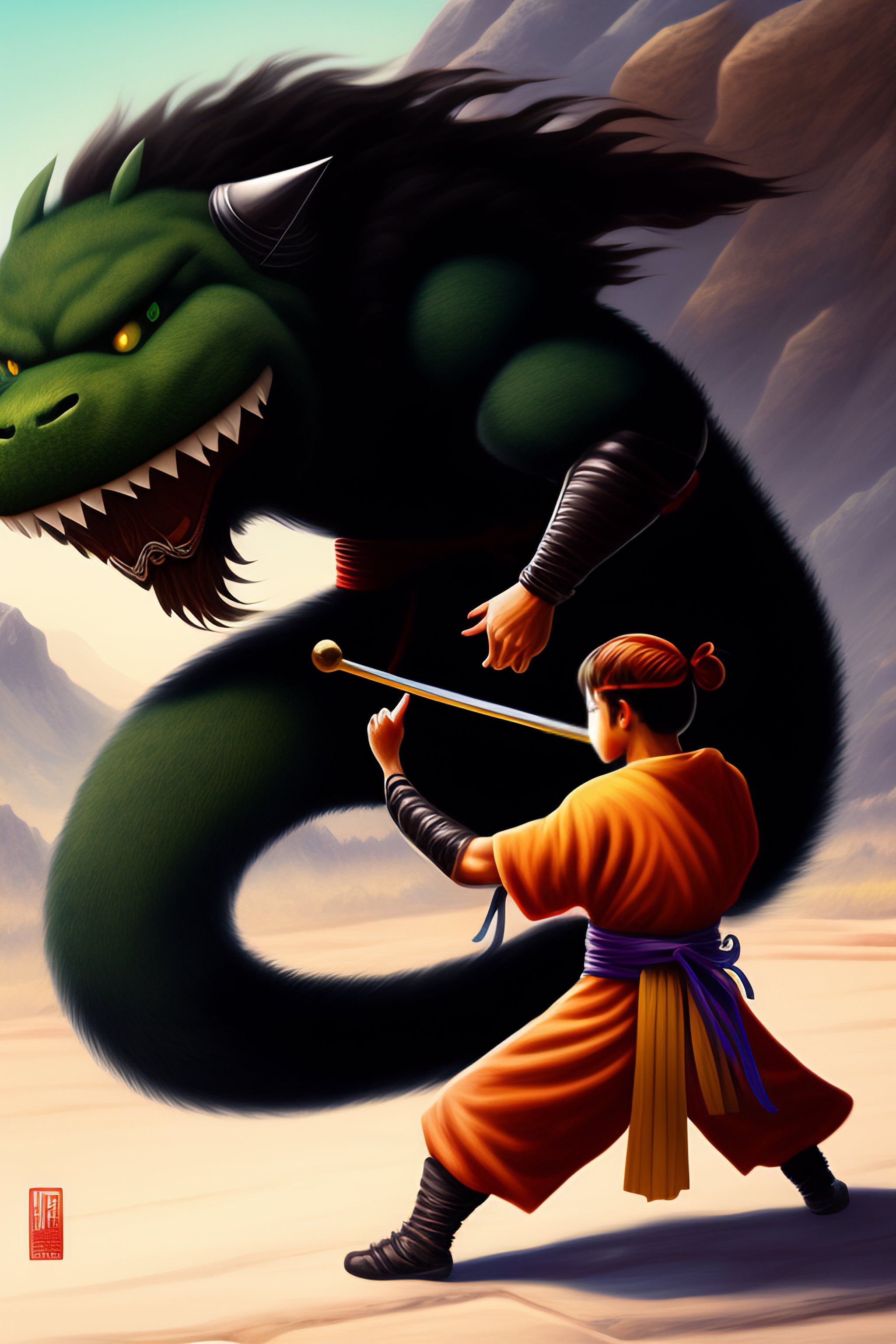 Lexica - Draw of a young ninja fighting a monster