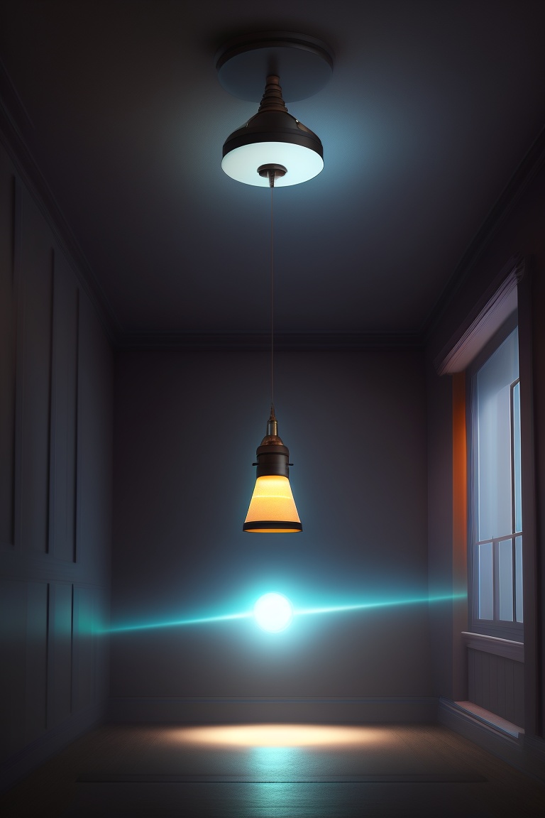 Lexica - A dark room in which a lamp hangs from above, from which light ...