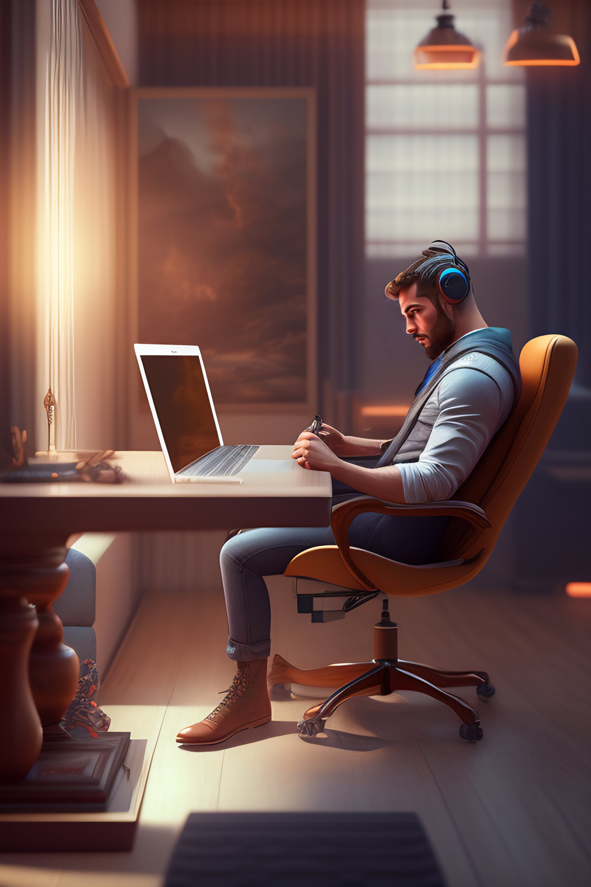 Lexica - Realistic successful man using laptop in gaming room, artstation trends, future concept ...