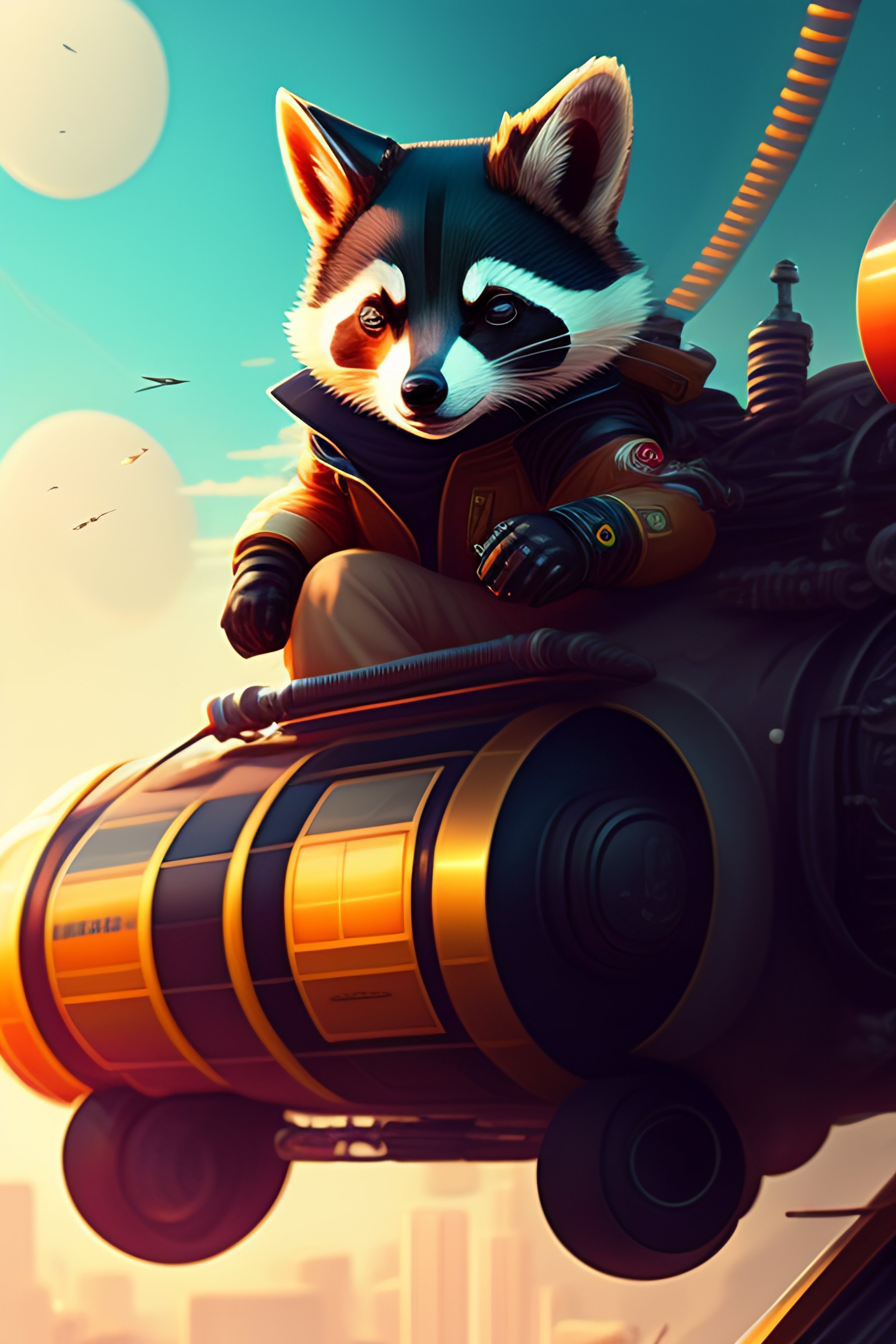 Lexica - A steampunk-cyberpunk racoon driving a Jetpack, highly ...