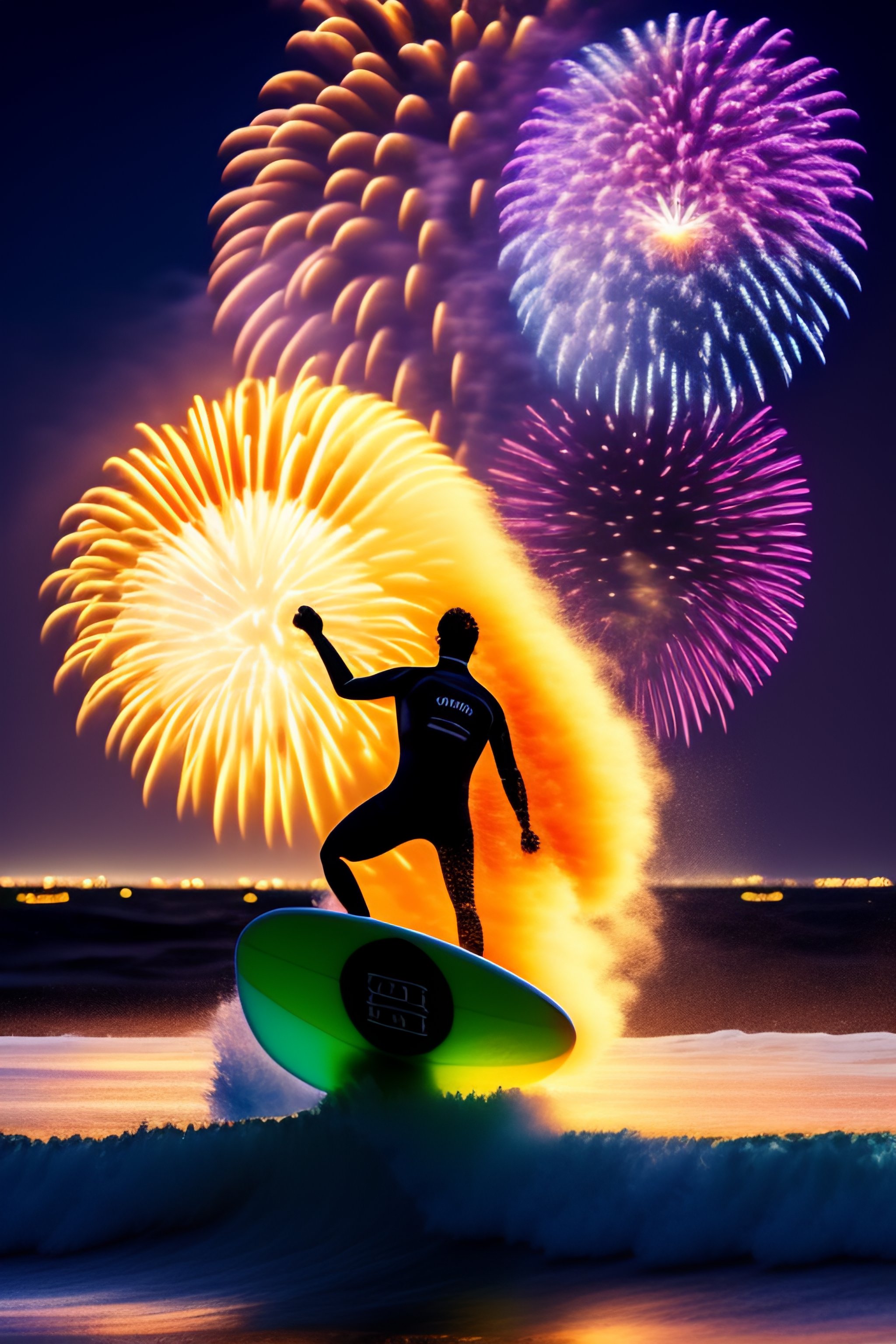 Lexica - New years fireworks with kite surfer and surfer on large wave