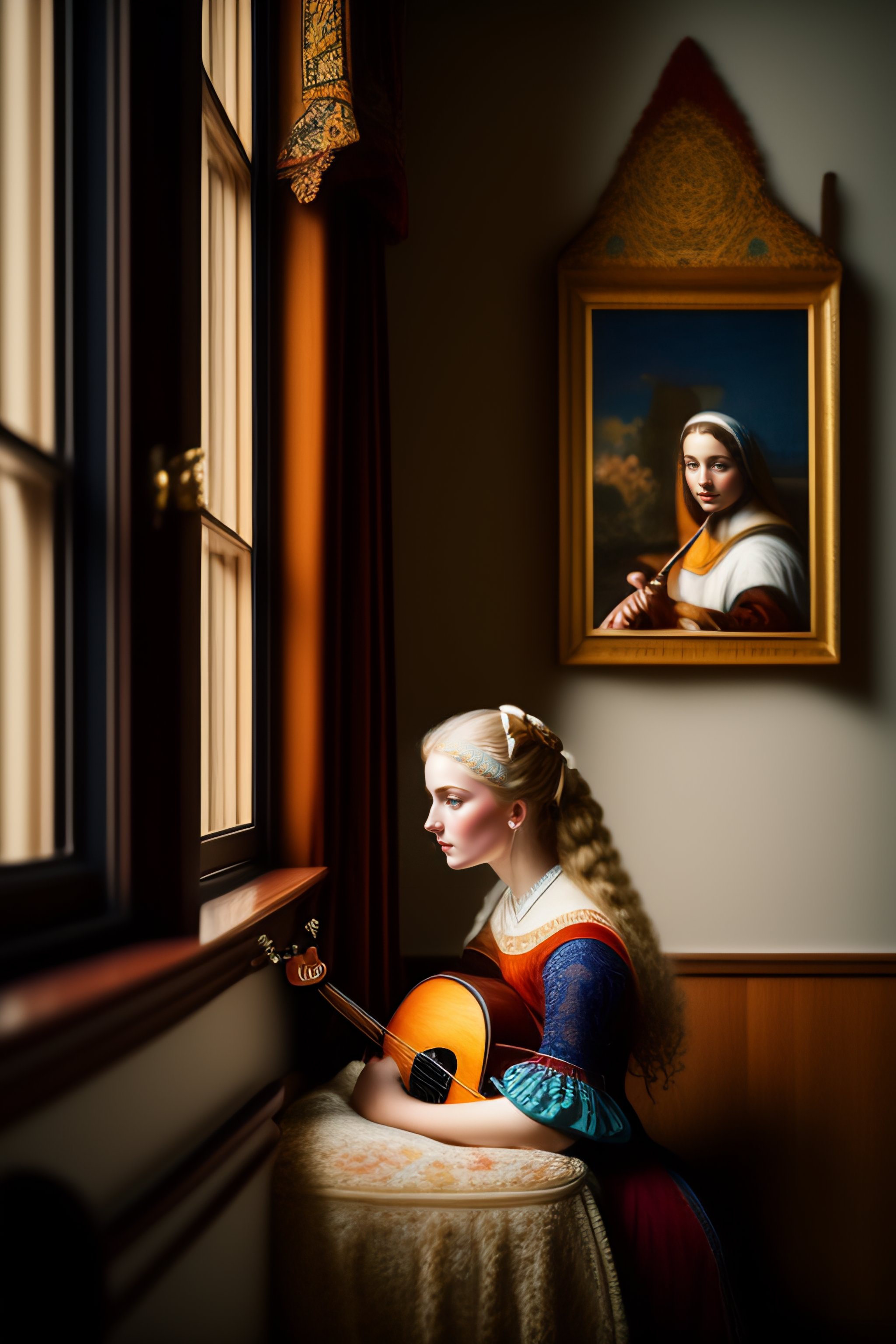 Lexica - Young lady playing lute, blond hair, window on her right ...