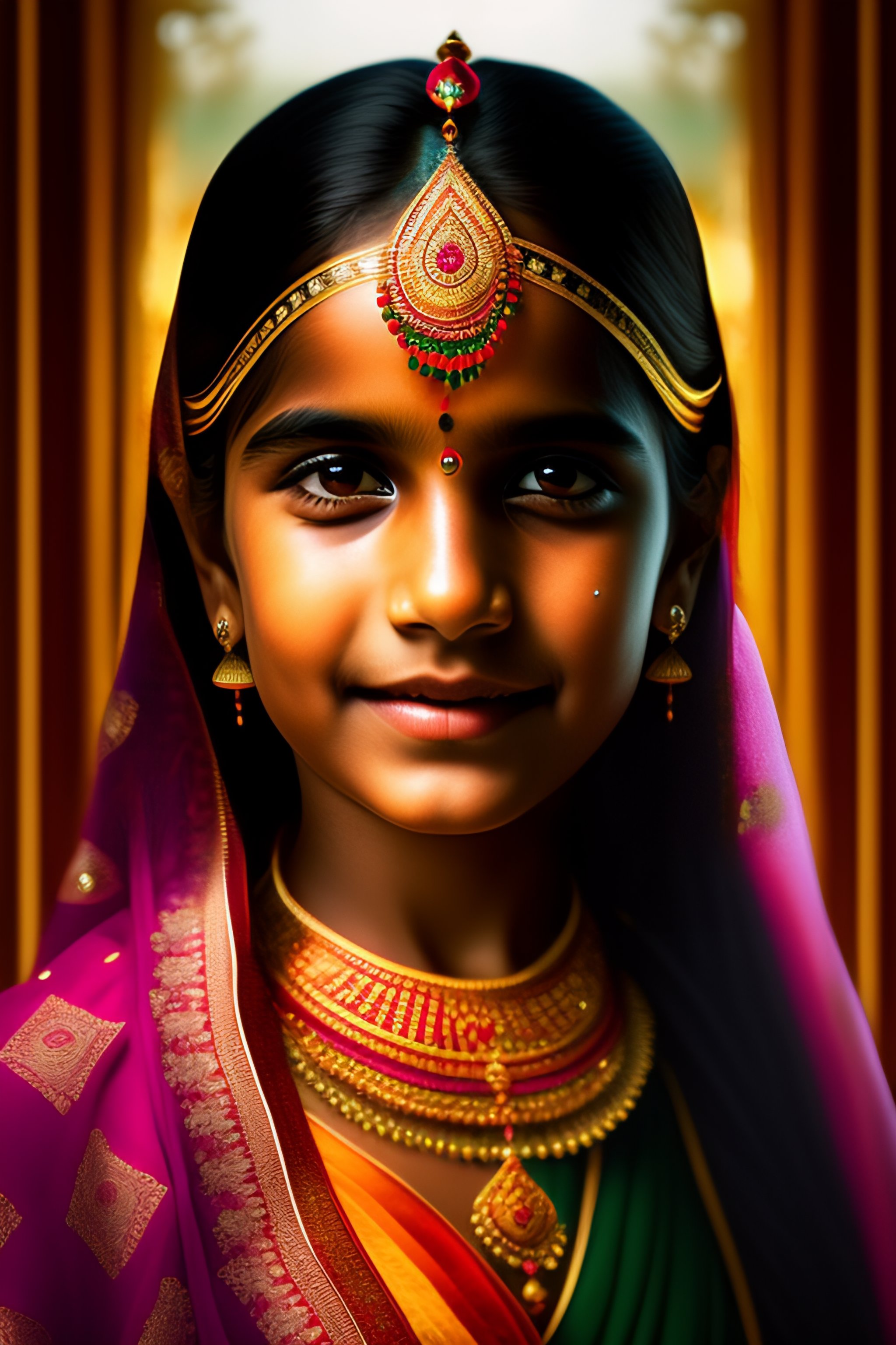 Lexica - Indian girl wearing bindi on her forehead by looking at glass