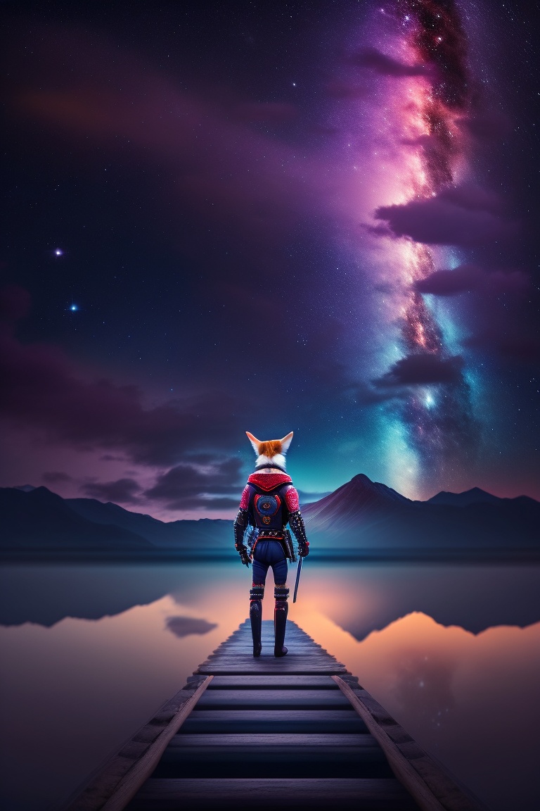 Lexica - Fennec robot samurai view from his back walking on a old and ...