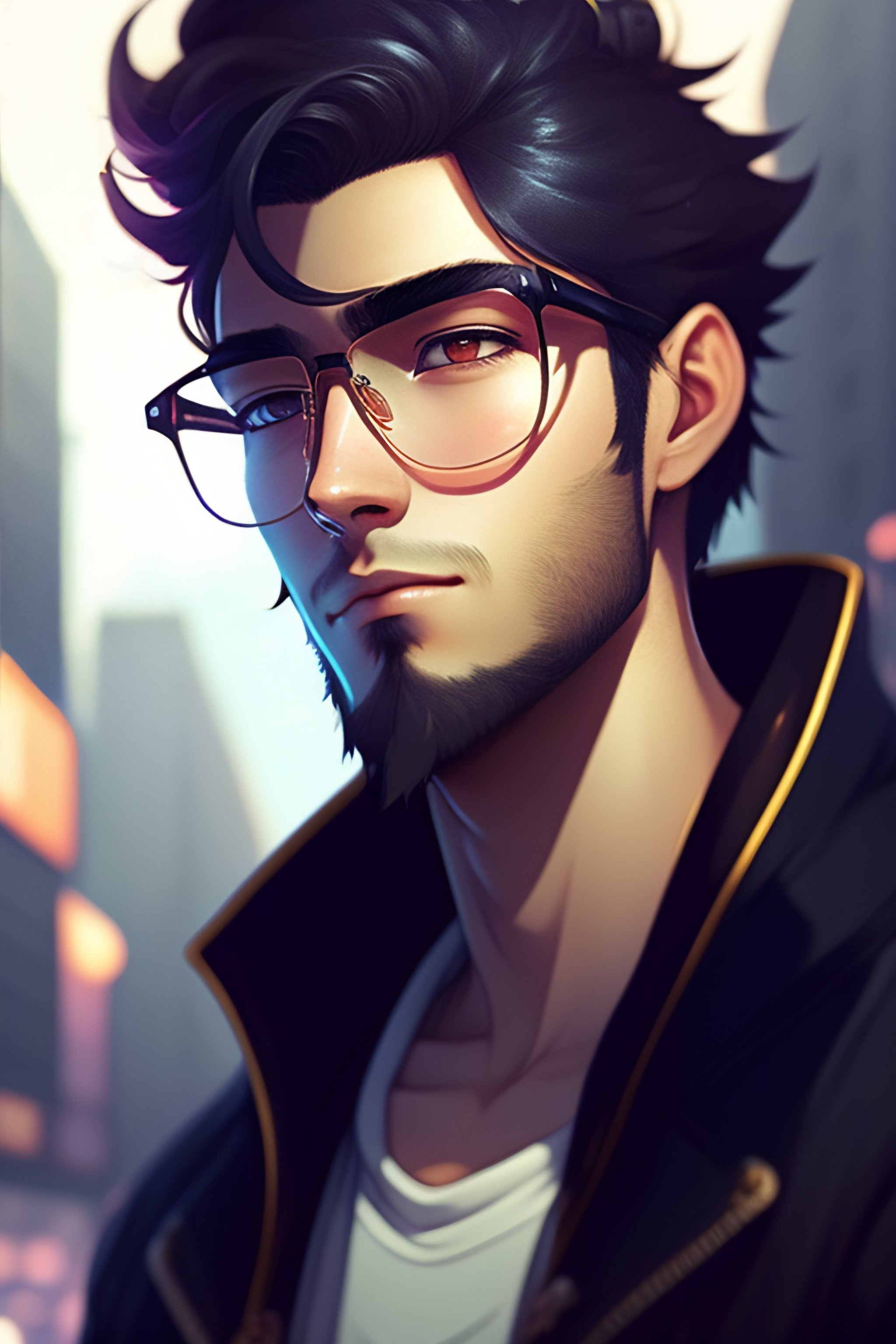 Lexica - Bearded guy with messy hair 21 years old,coder,wearing round steampunk glasses,portrait ...
