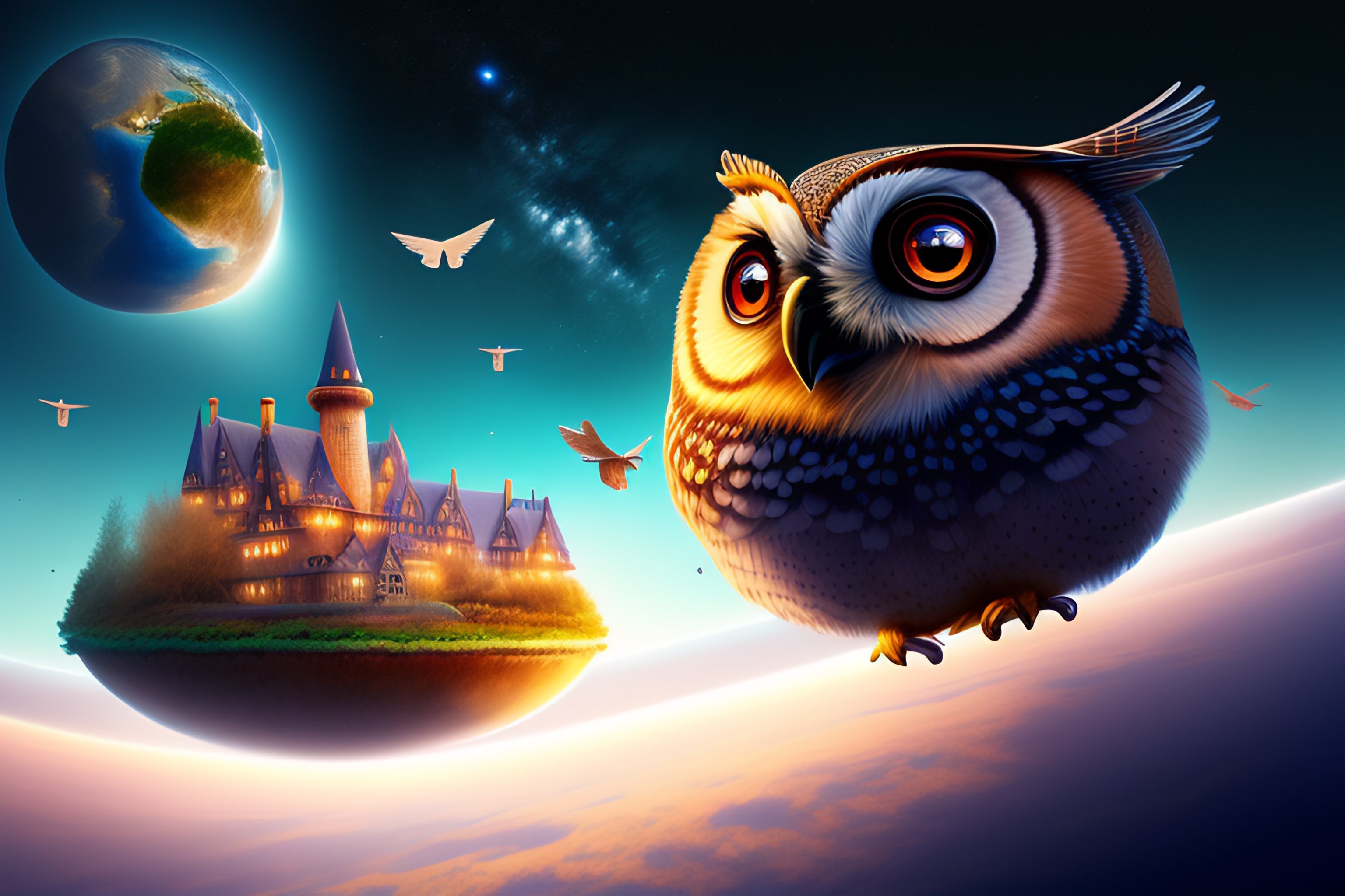 Lexica - Picture with 11 connected owls flying in the space over the ...