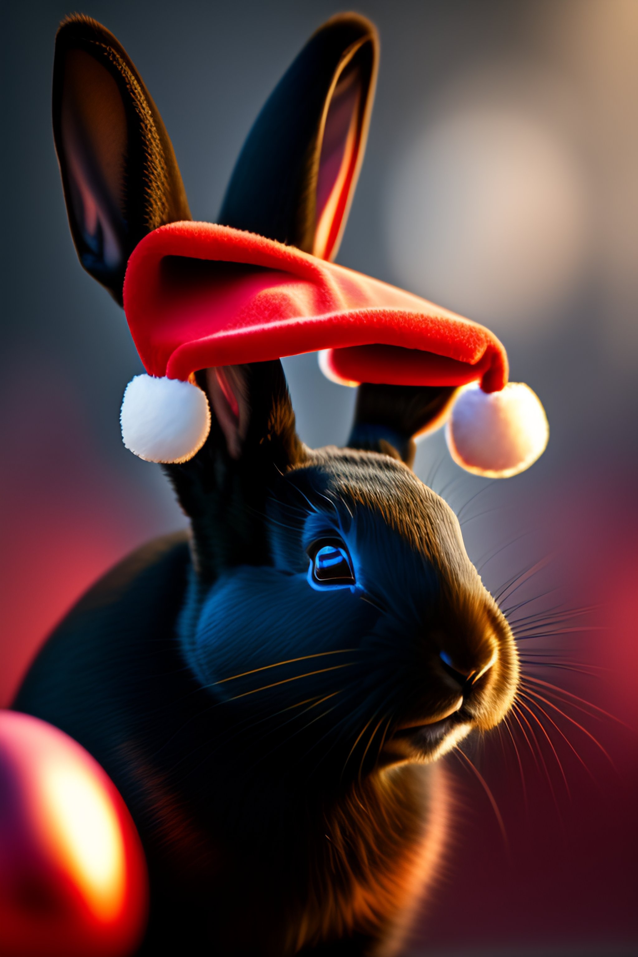 Lexica - Christmas, a black rabbit in a santa claus hat laughs
