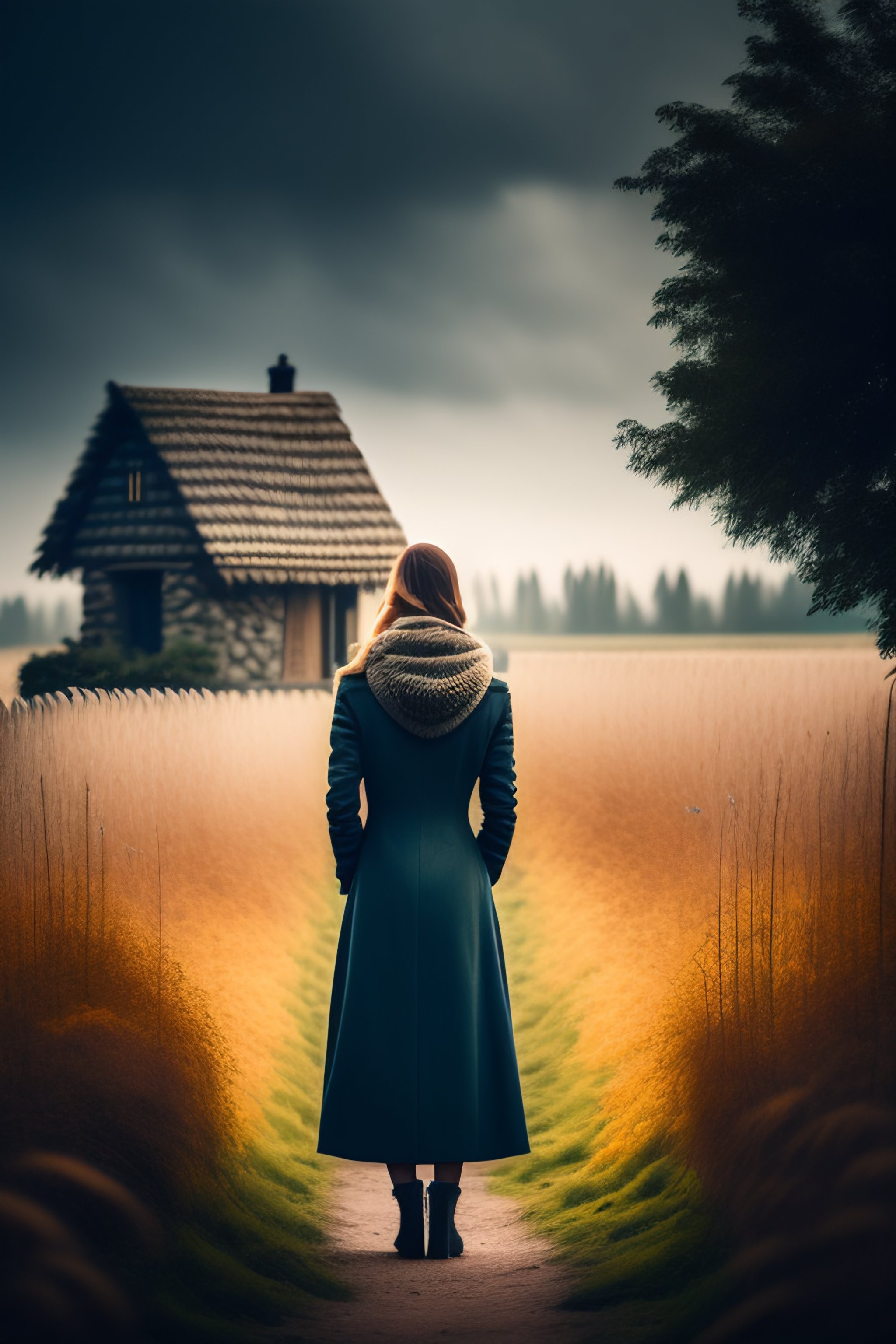 Lexica - A sad woman in countryside with a bad atmosphere