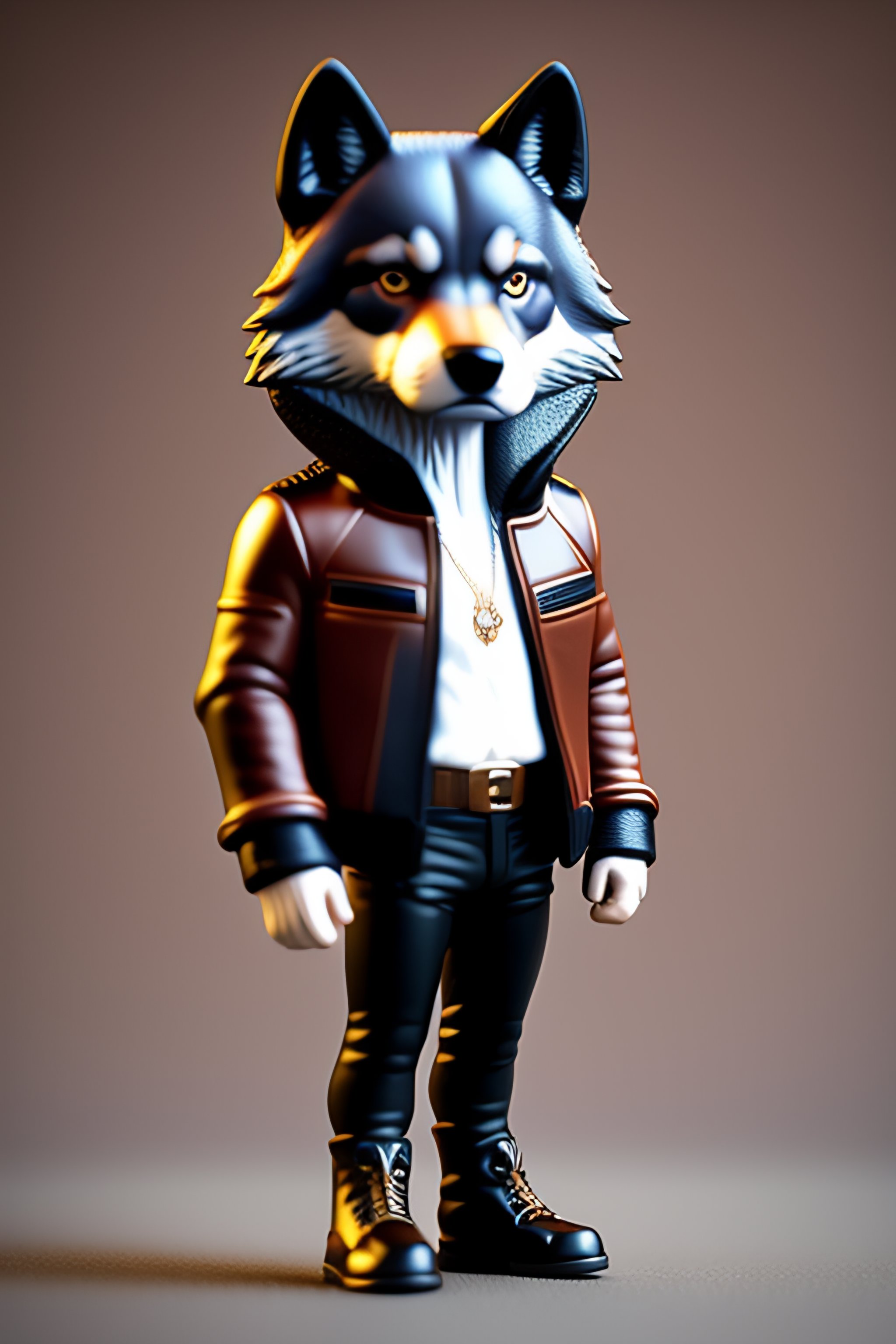 Lexica - Full body 3d render of funko pop wolf in a leather jacket