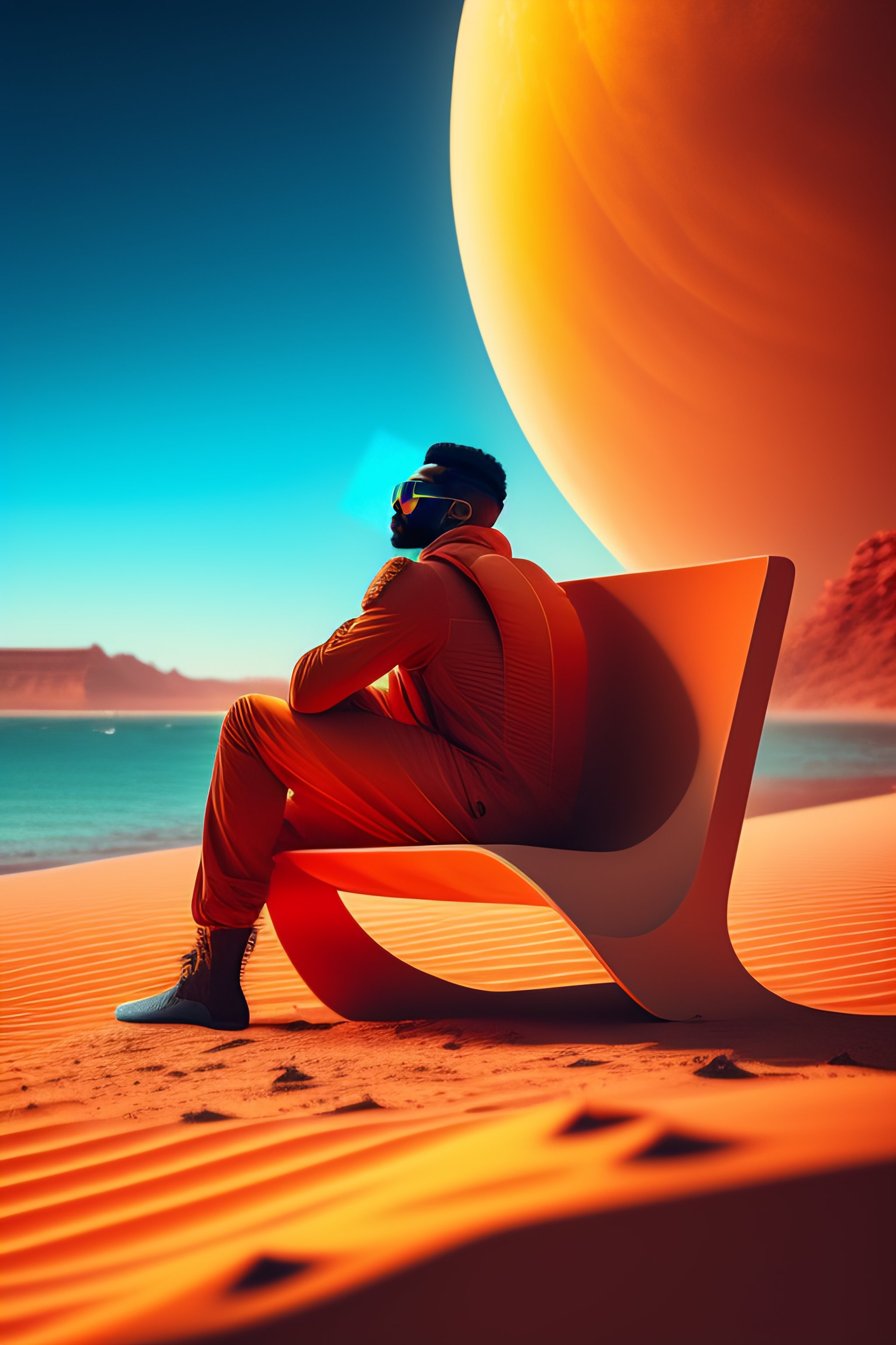 Lexica - A man resting on mars in a beach chair, vibrant lighting ...