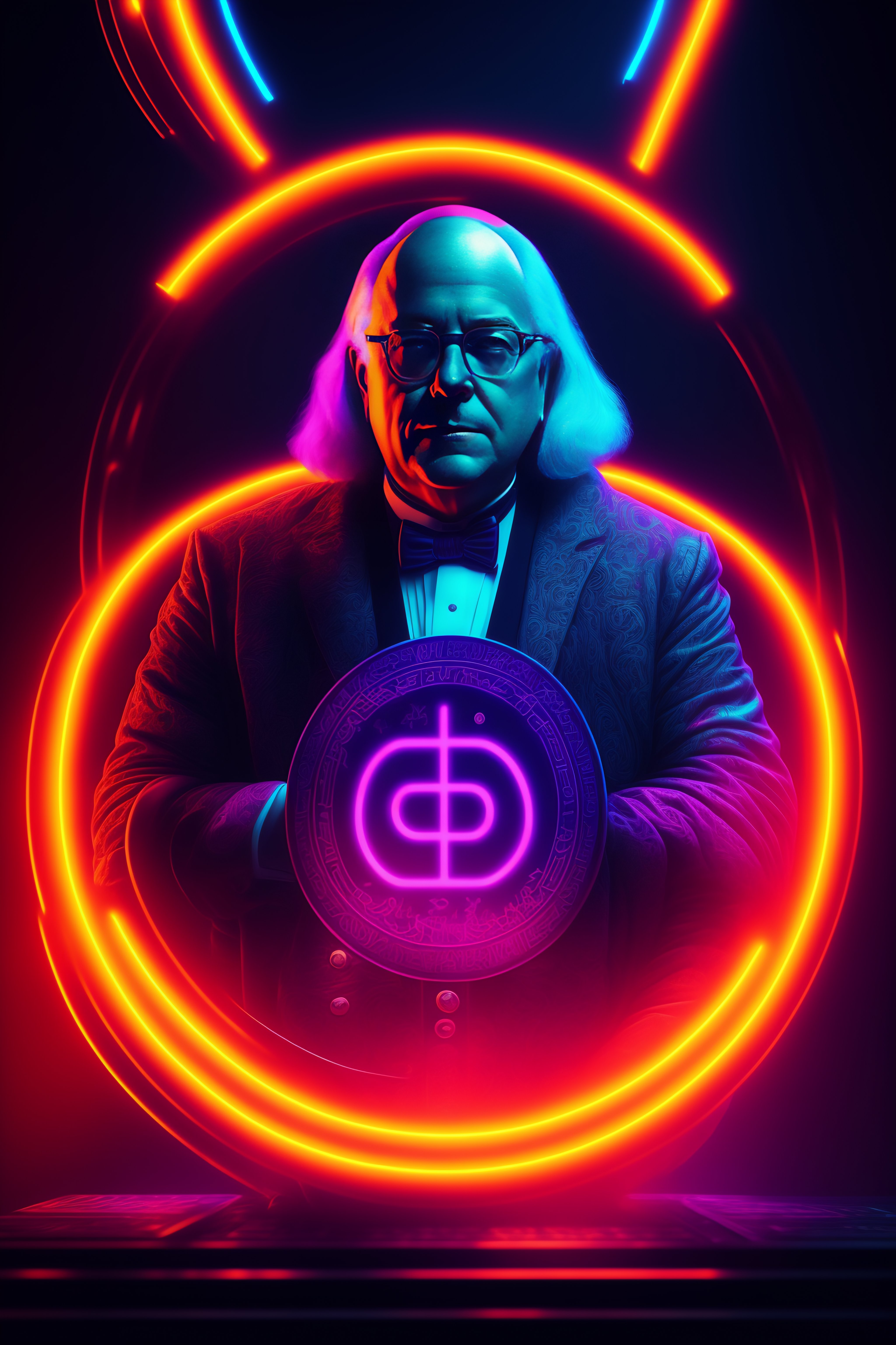 Lexica - Picture of Benjamin Franklin in crypto style, Imax cyber neon ...