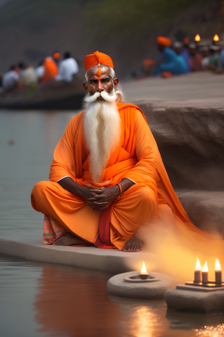 Lexica - A serene sadhu sitting cross-legged on the banks of the Ganges ...