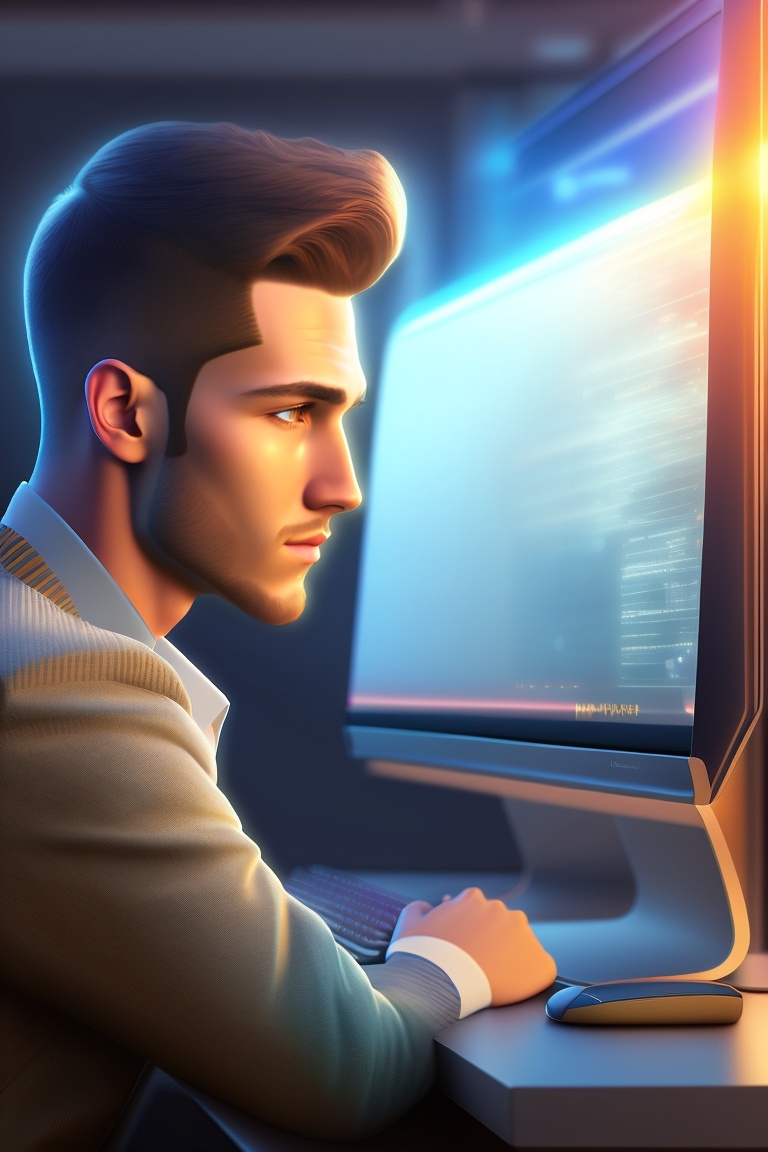 Lexica - A young man sitting at the computer on a realistic and ...