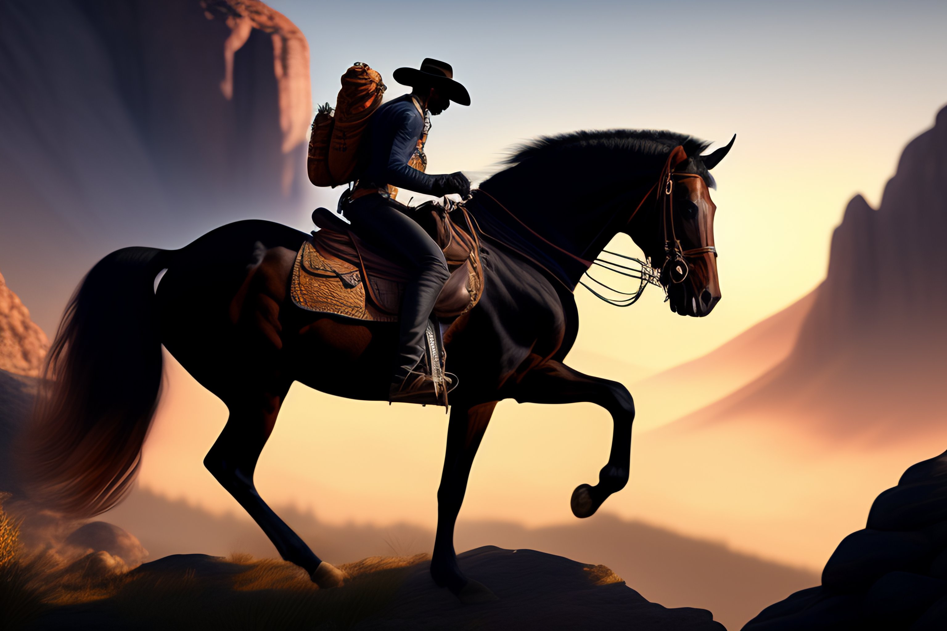 Lexica - Black cowboy rides down a steep trail above a valley , color ...