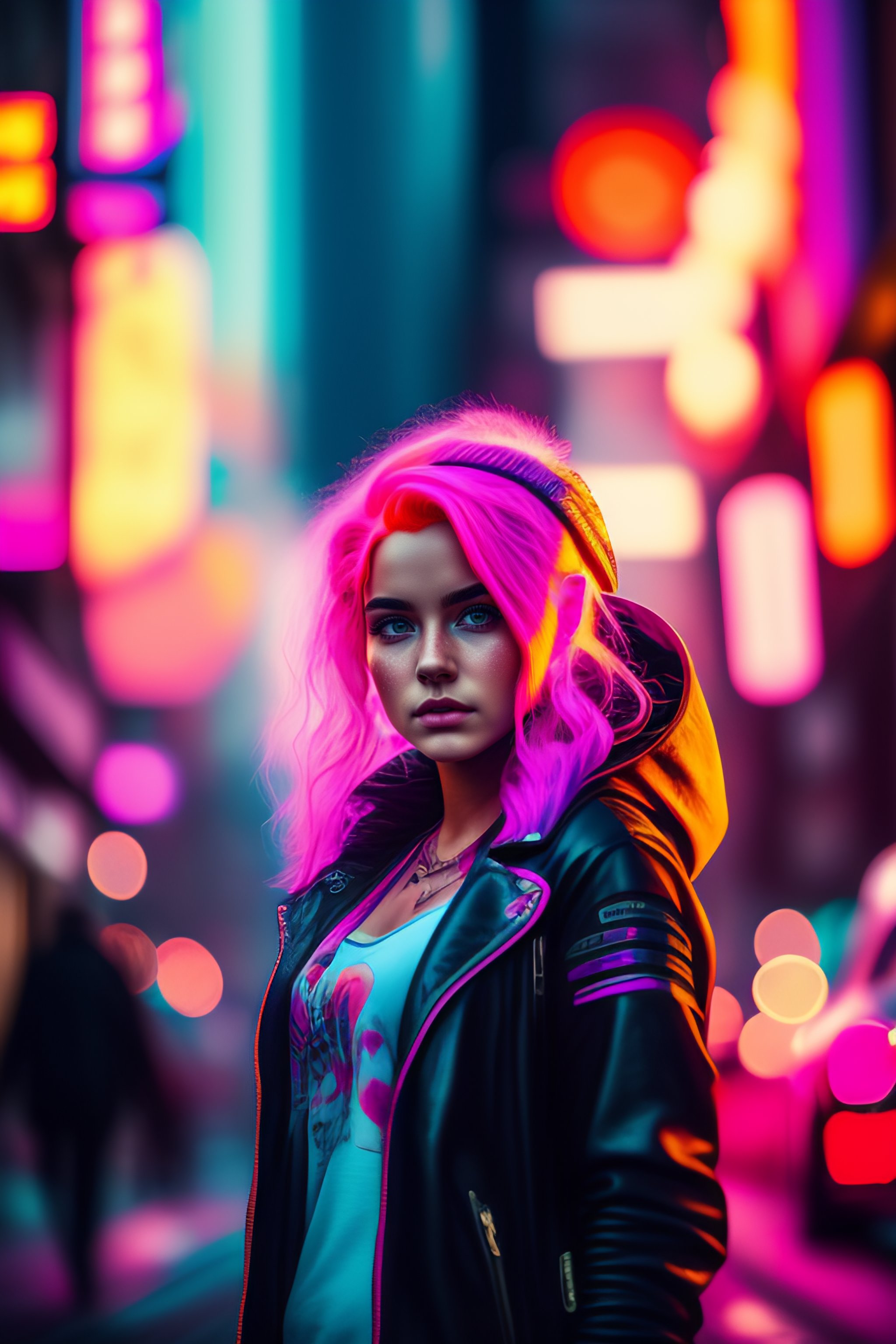 Lexica - Wide angle environmental shot of girl with pink hair in dirty ...